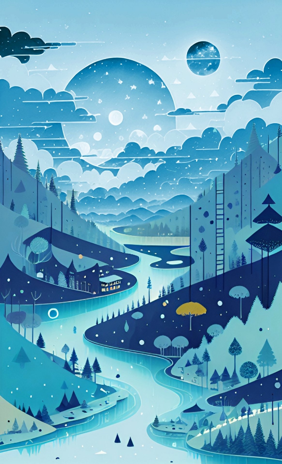Mountains, forest, river, blue Digital Art - Radiy Sivak