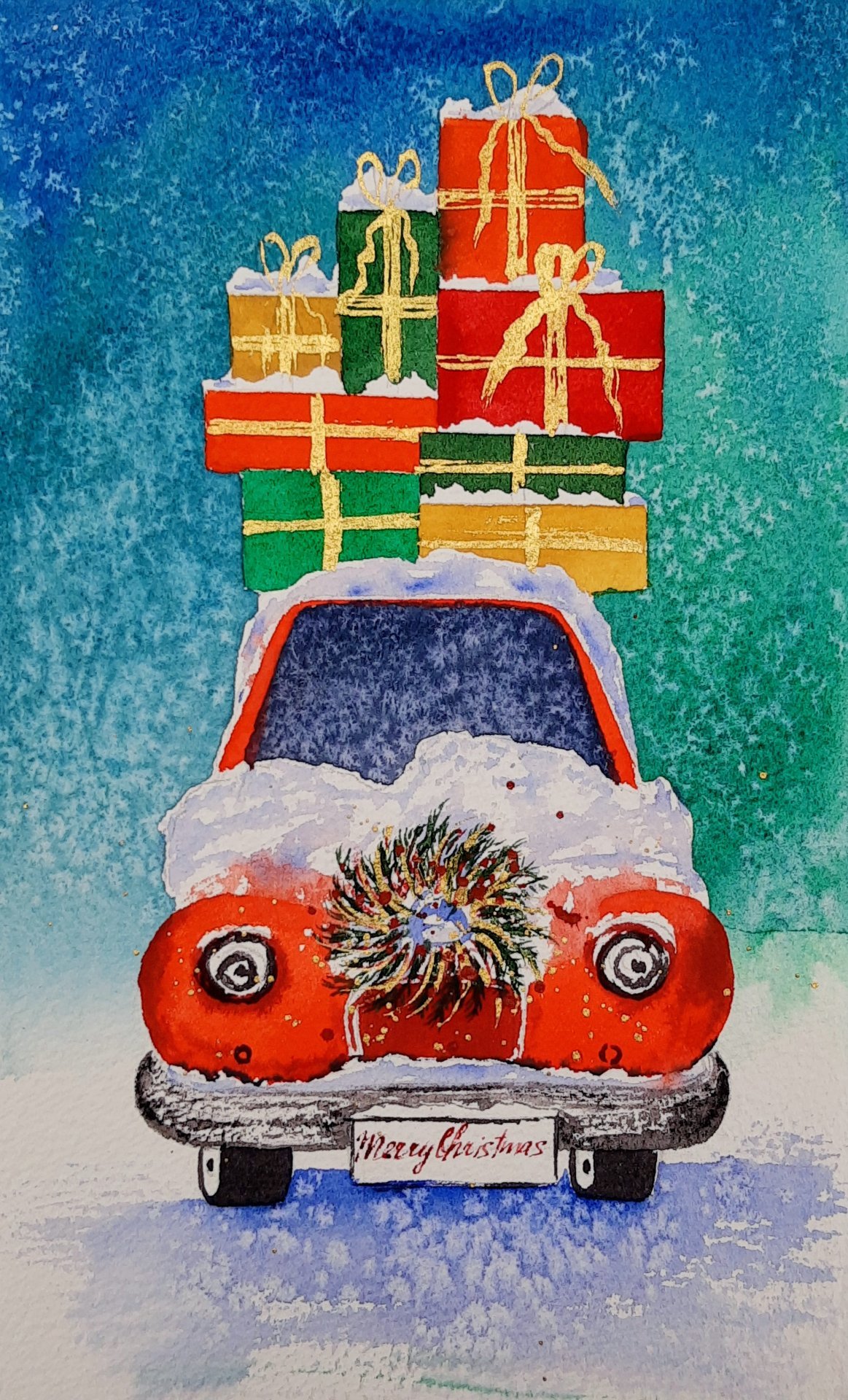 Red car & Christmas presents Painting by Yuliia Sharapova