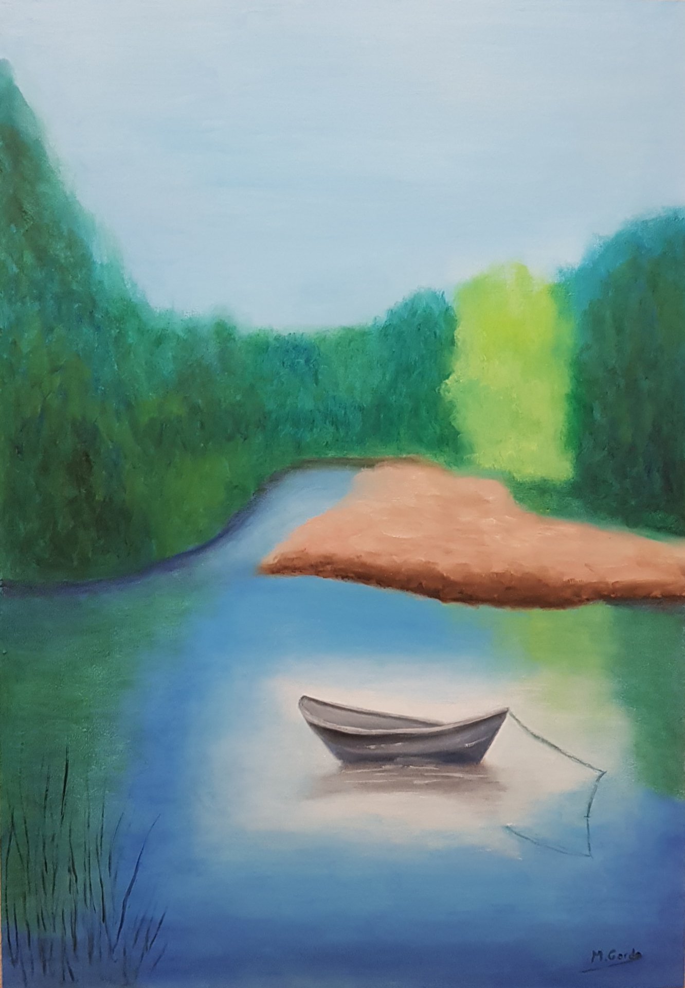 Pintura «Solidão Aquática: Barco e Lago», Mercedes Gordo