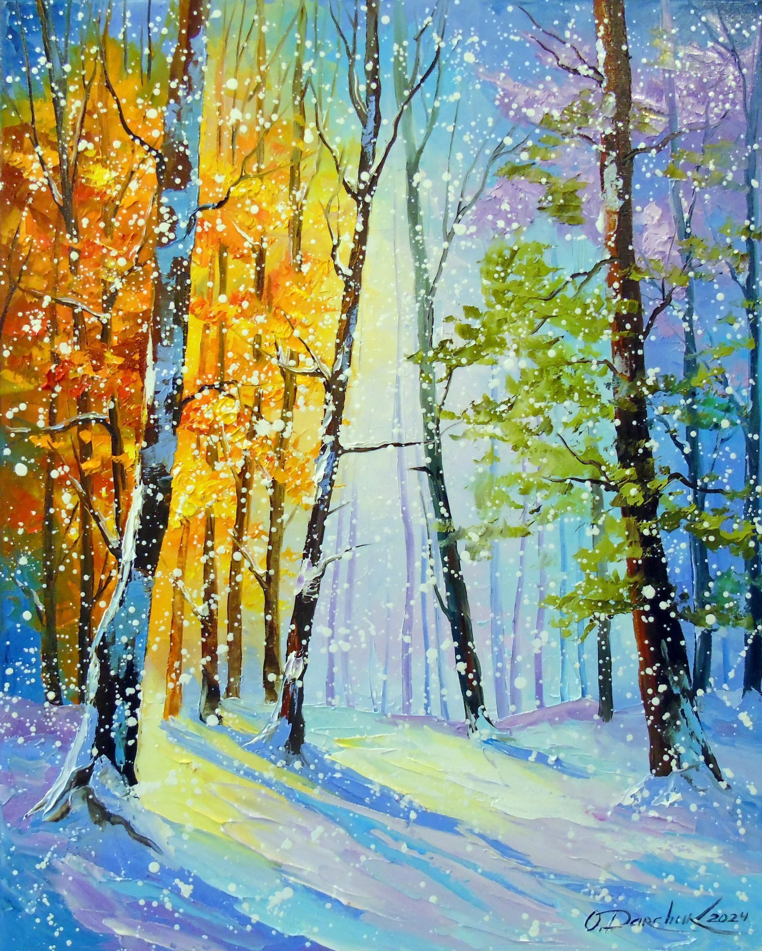 Morning snowfall in the forest Drawing - Olha Darchuk