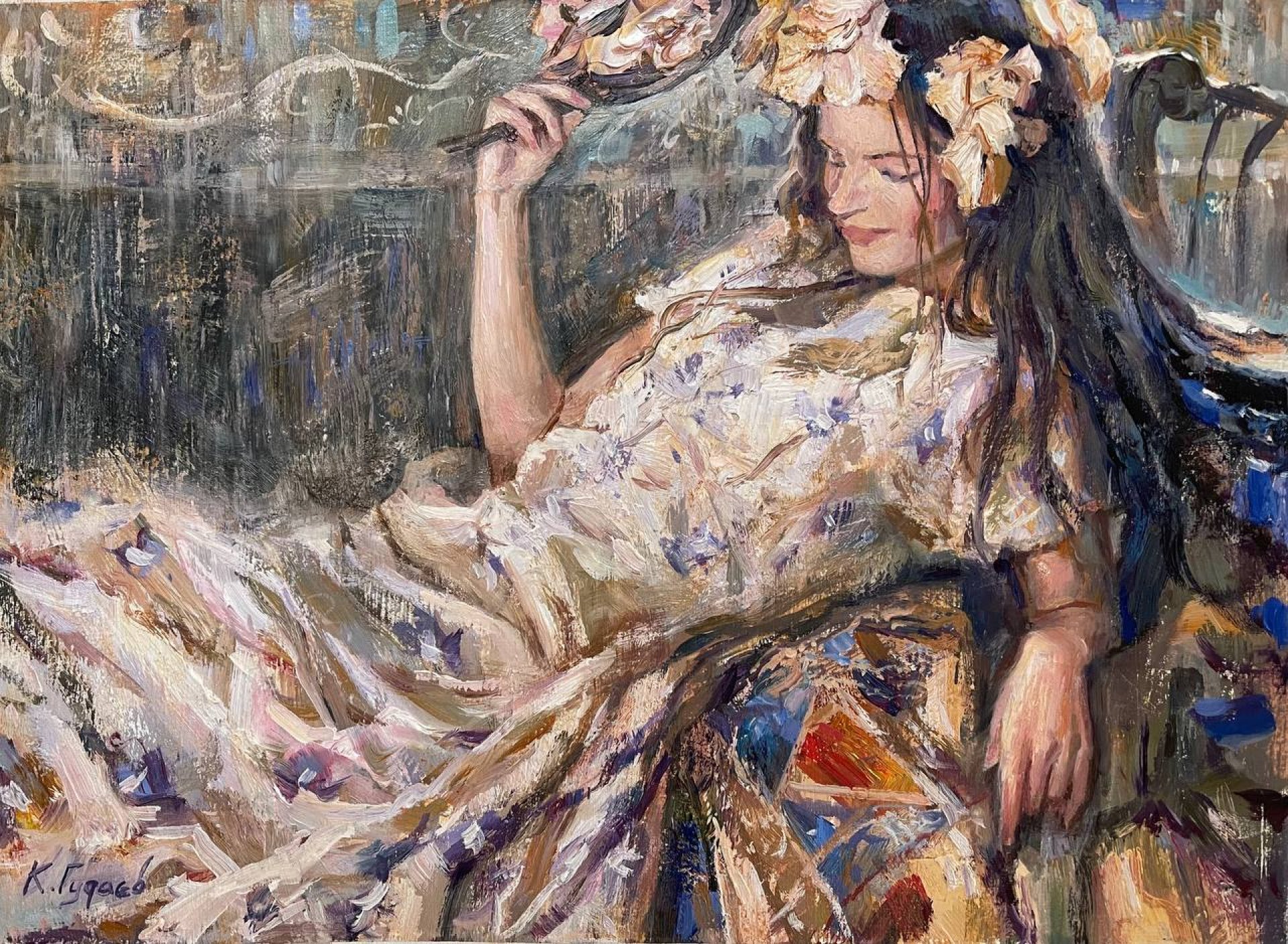 Girl with a wreath Painting by Kostiantyn Hudaiev