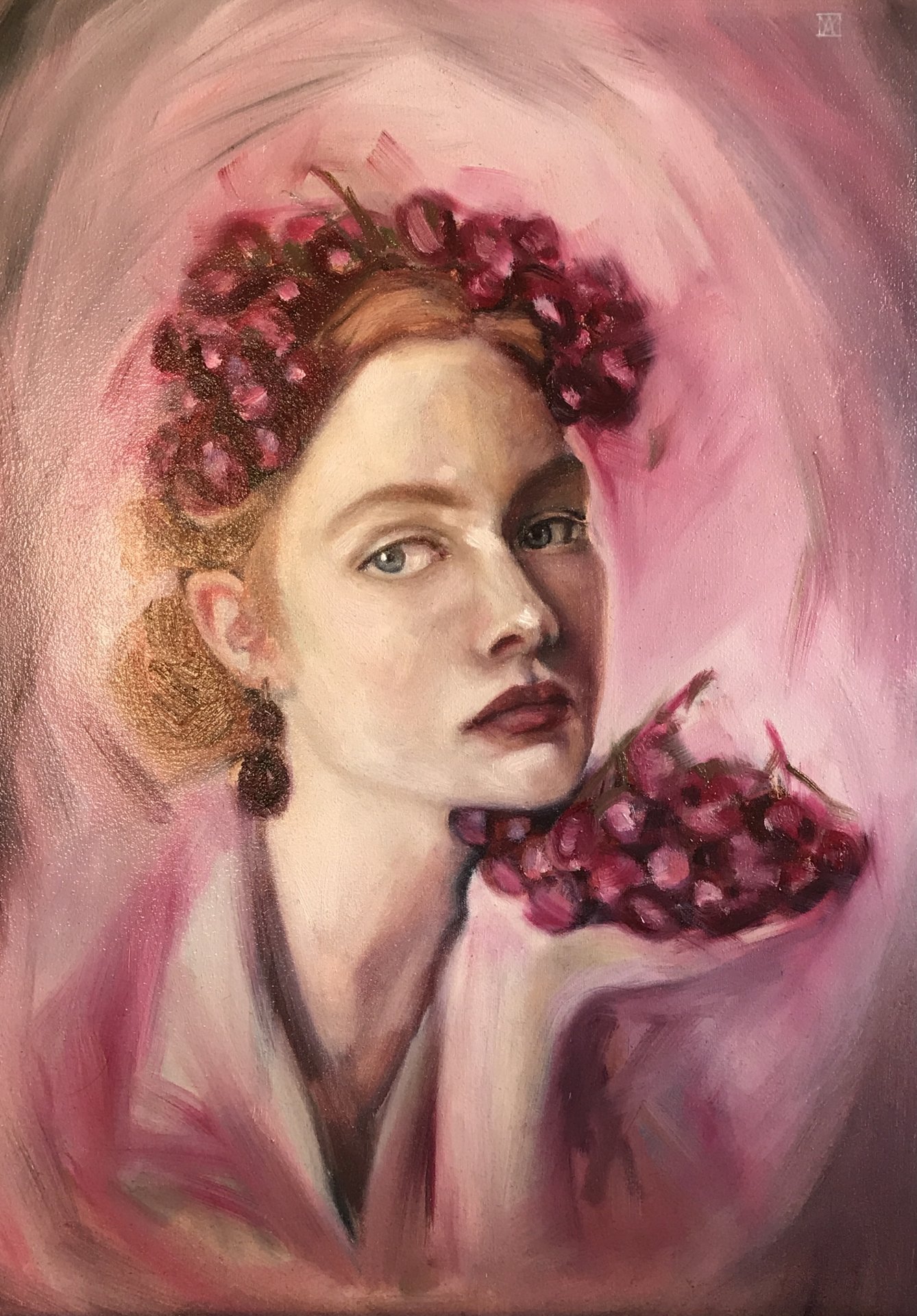 RED HAIR GIRL WITH GRAPE Painting by Anastasia Terskih