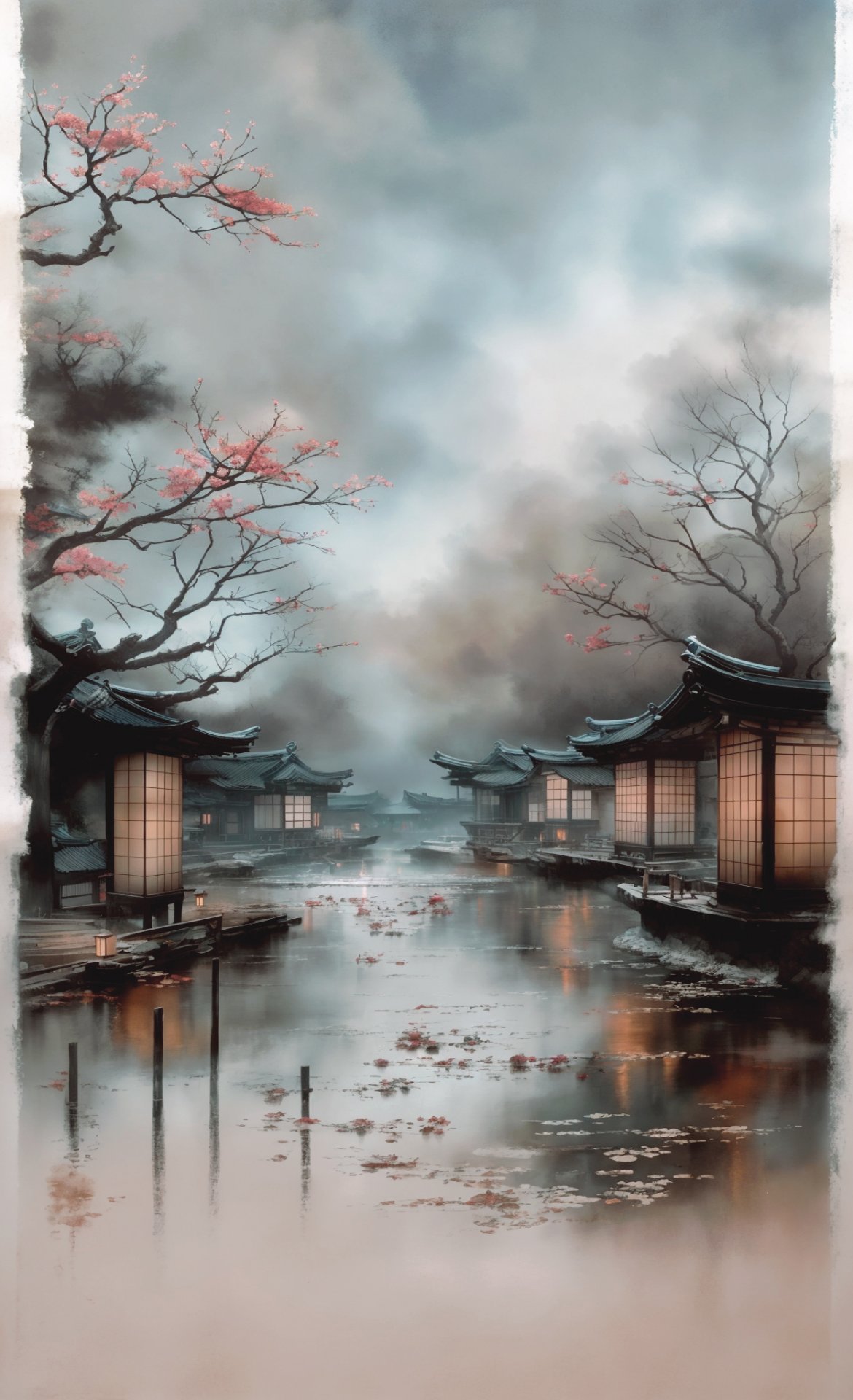 Houses on the Water: Oriental Landscape Painting by Egor Turovec