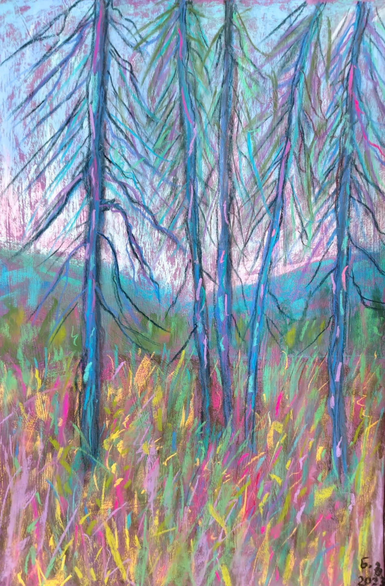 Blue Forest: Pastel Landscape Painting by Nino Gudadze