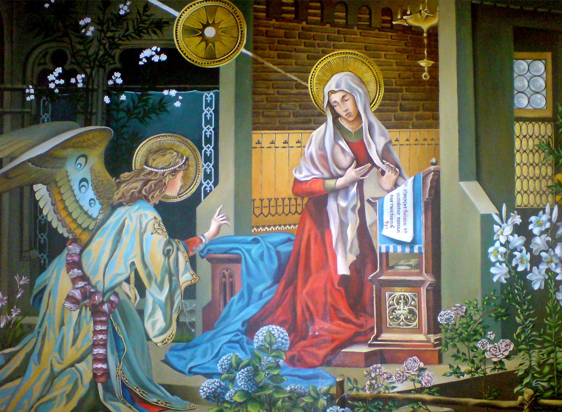 Light of Faith: Mary with an angel Painting by Denis Puchkov