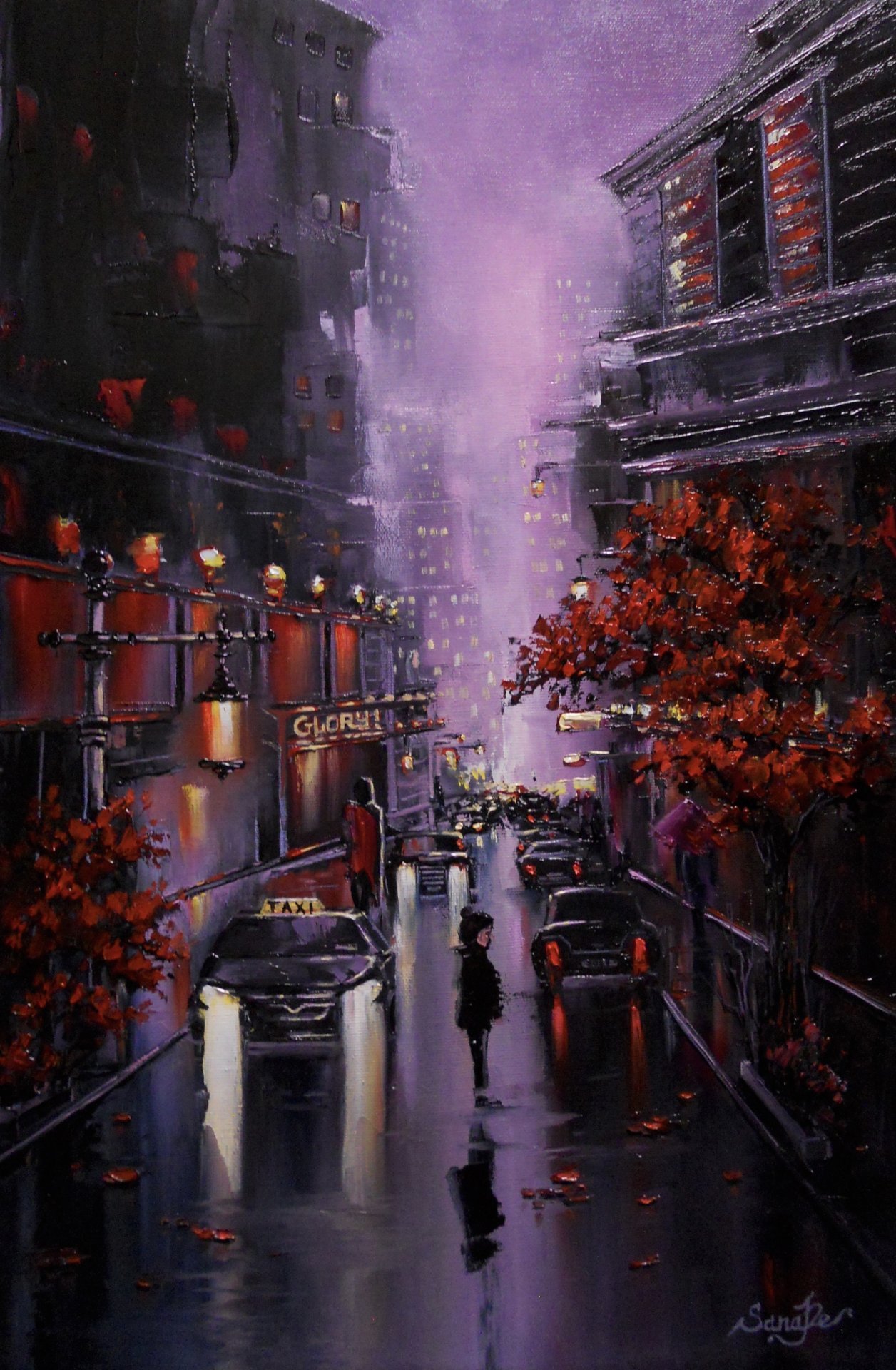 Night Urban Cityscape: Glowing Metropolis Painting by SanaDe