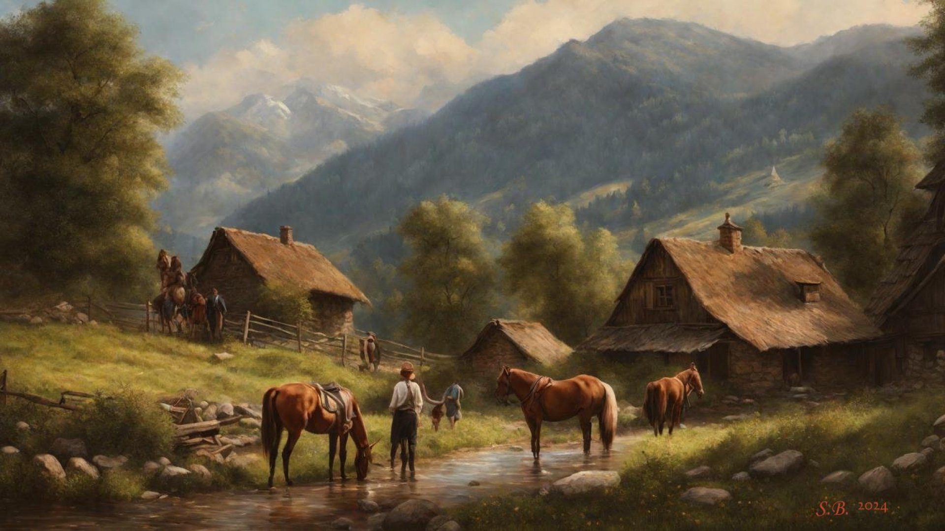 Rest in the Village: Meadows and Horses Painting by Serj Doche