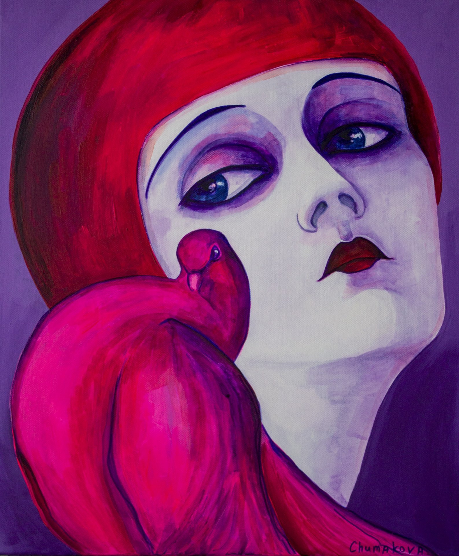 Pink Pigeon: Fine Portrait Painting by Oksana Chumakova