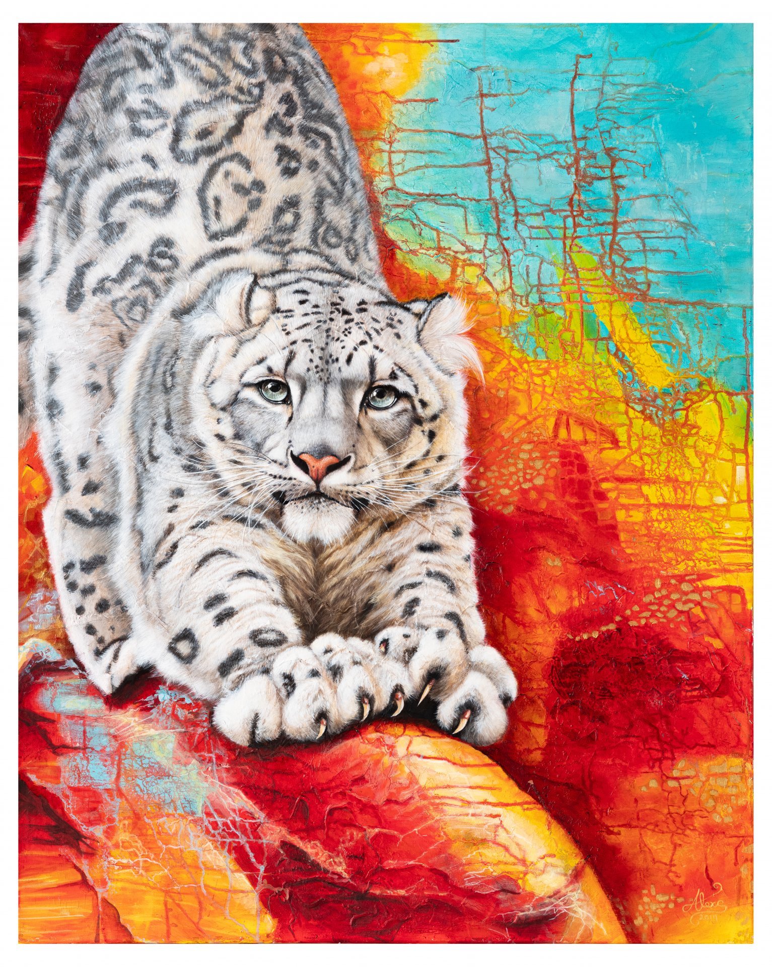 Stretch: Snow Leopard's Awakening Painting by Alex Slingenberg