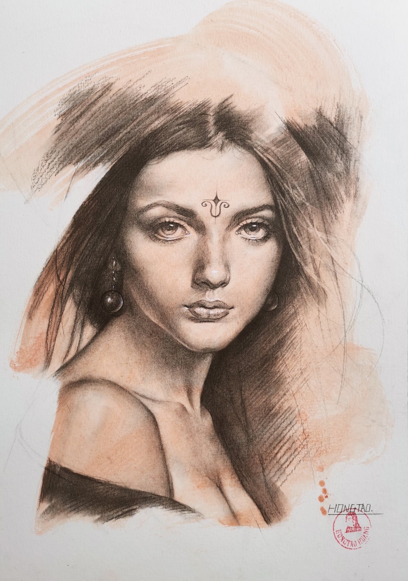 Portrait of Girl: Charcoal Elegance Drawing - Hongtao Huang