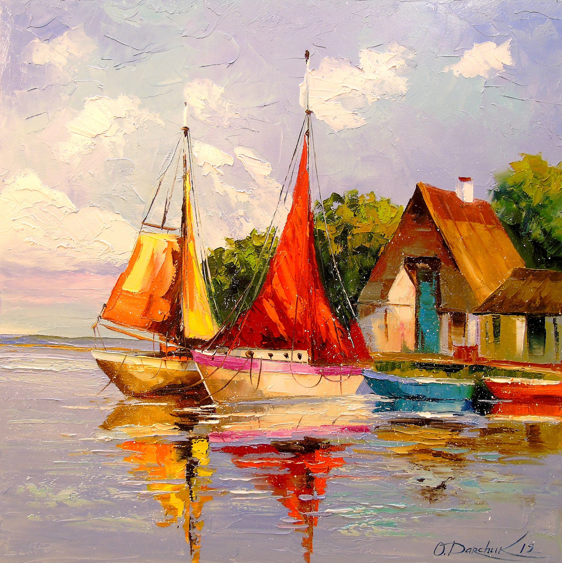 Sailboats near the shore Painting by Olha Darchuk - Jose Art Gallery