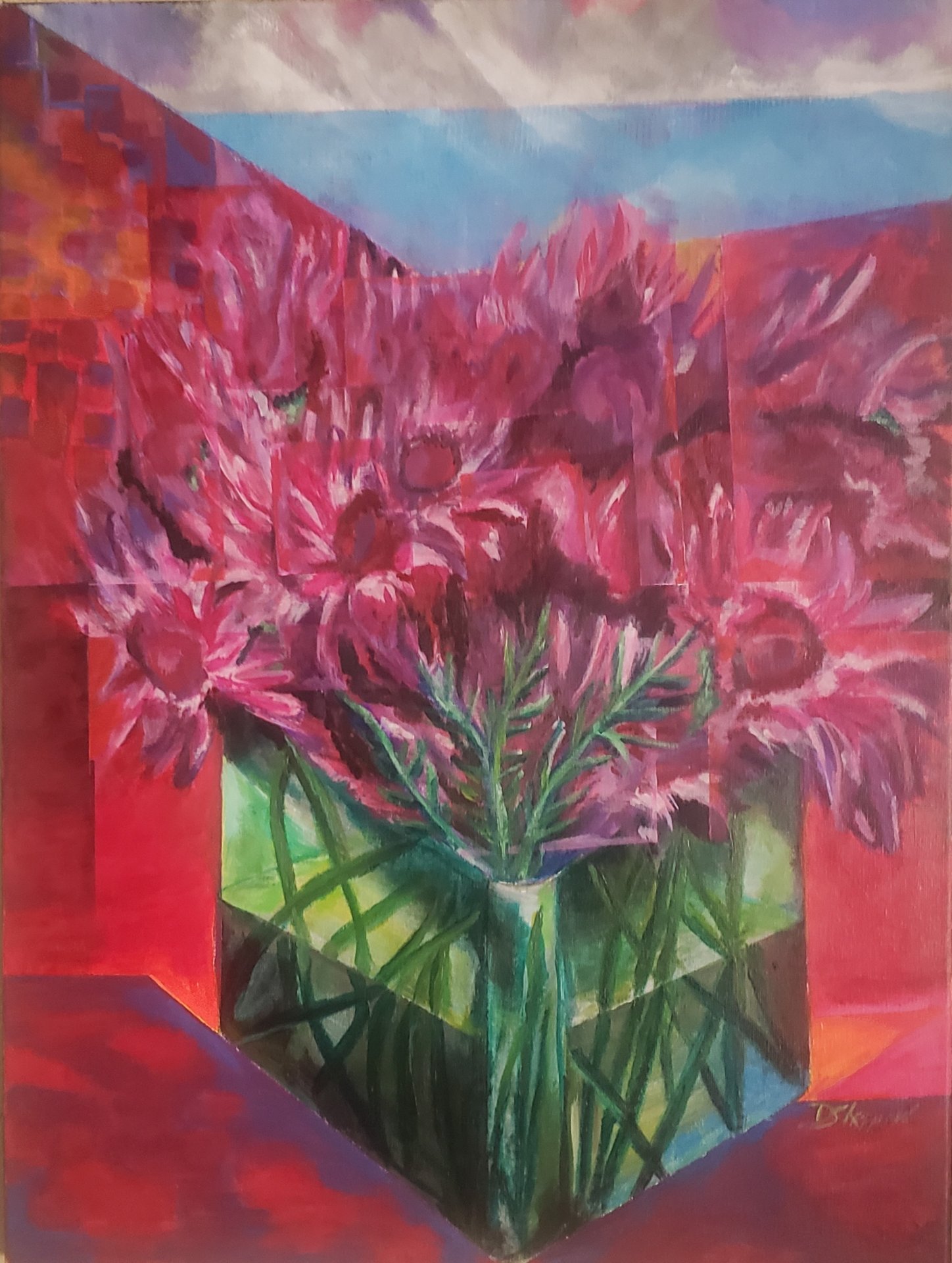 Green Vase. Vibrant Floral Cubism Painting by Dean Sheppard