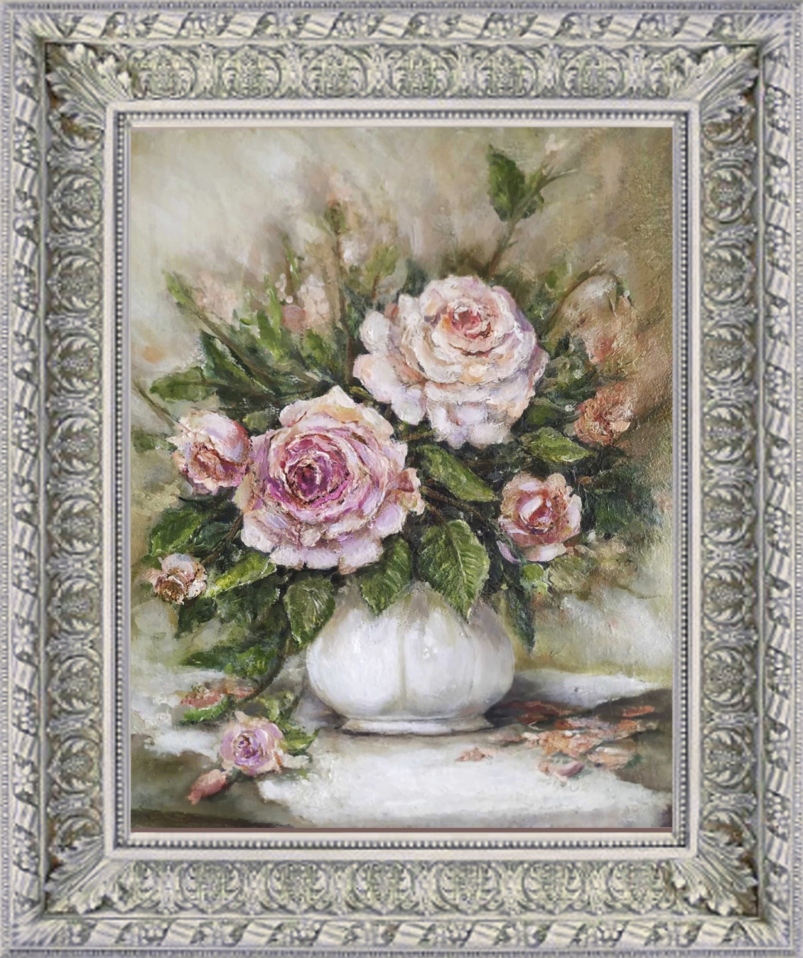 Roses in a white vase Painting by Mkara - Jose Art Gallery