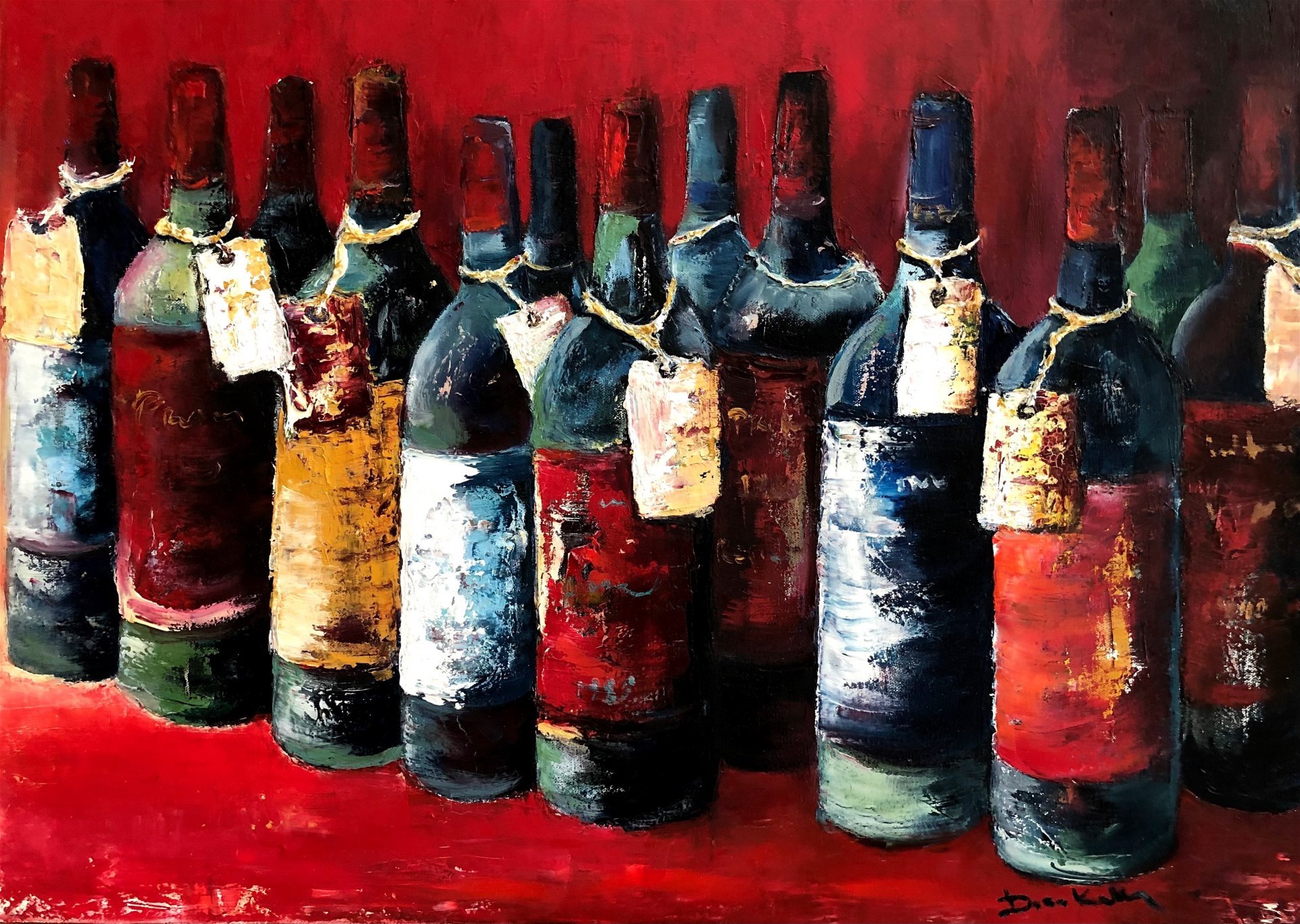 Aged Bottles of Wine Still-Life Painting by Dora Kalinova