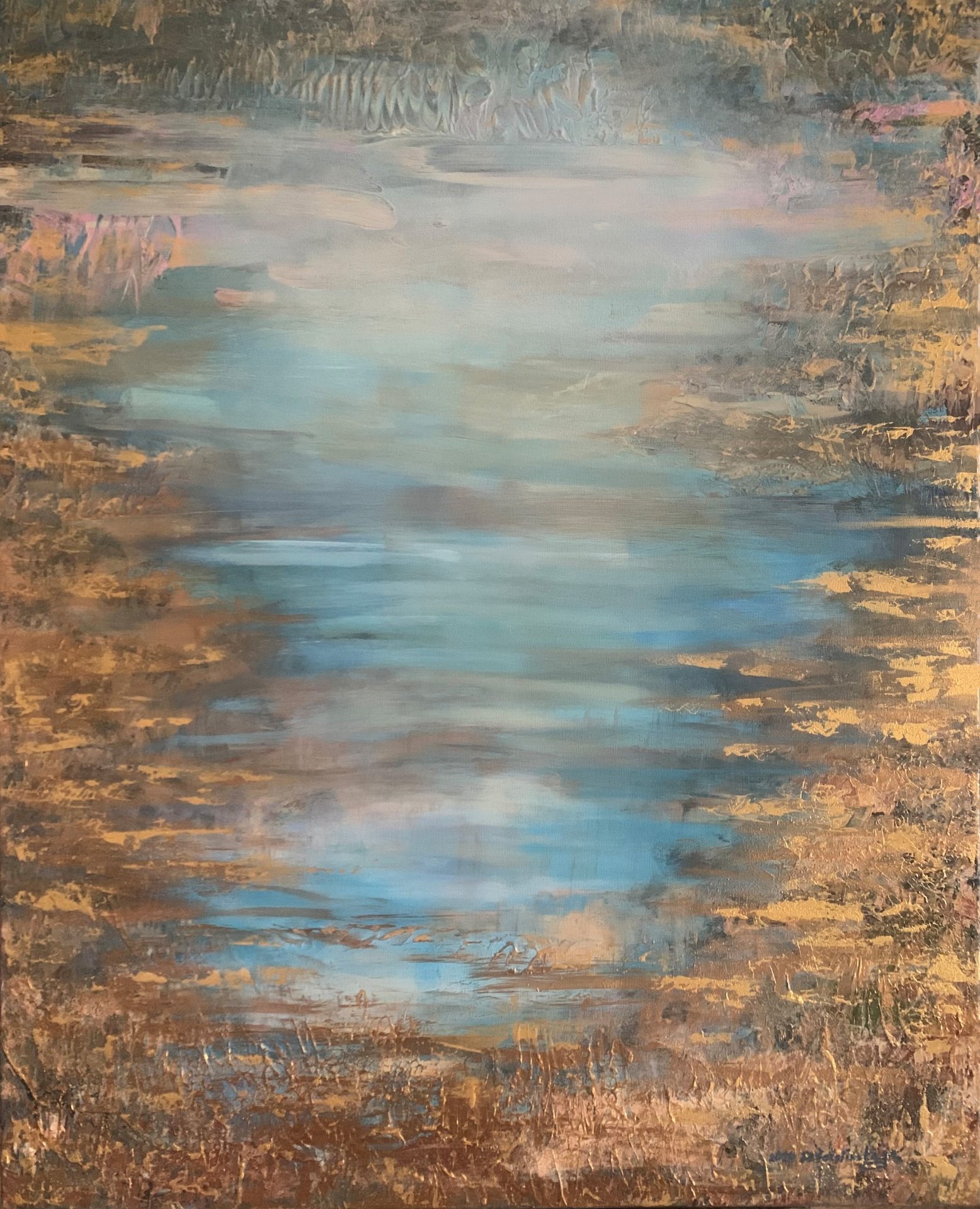Tranquil Reflective Waterscape Painting by Danguole Serstinskaja