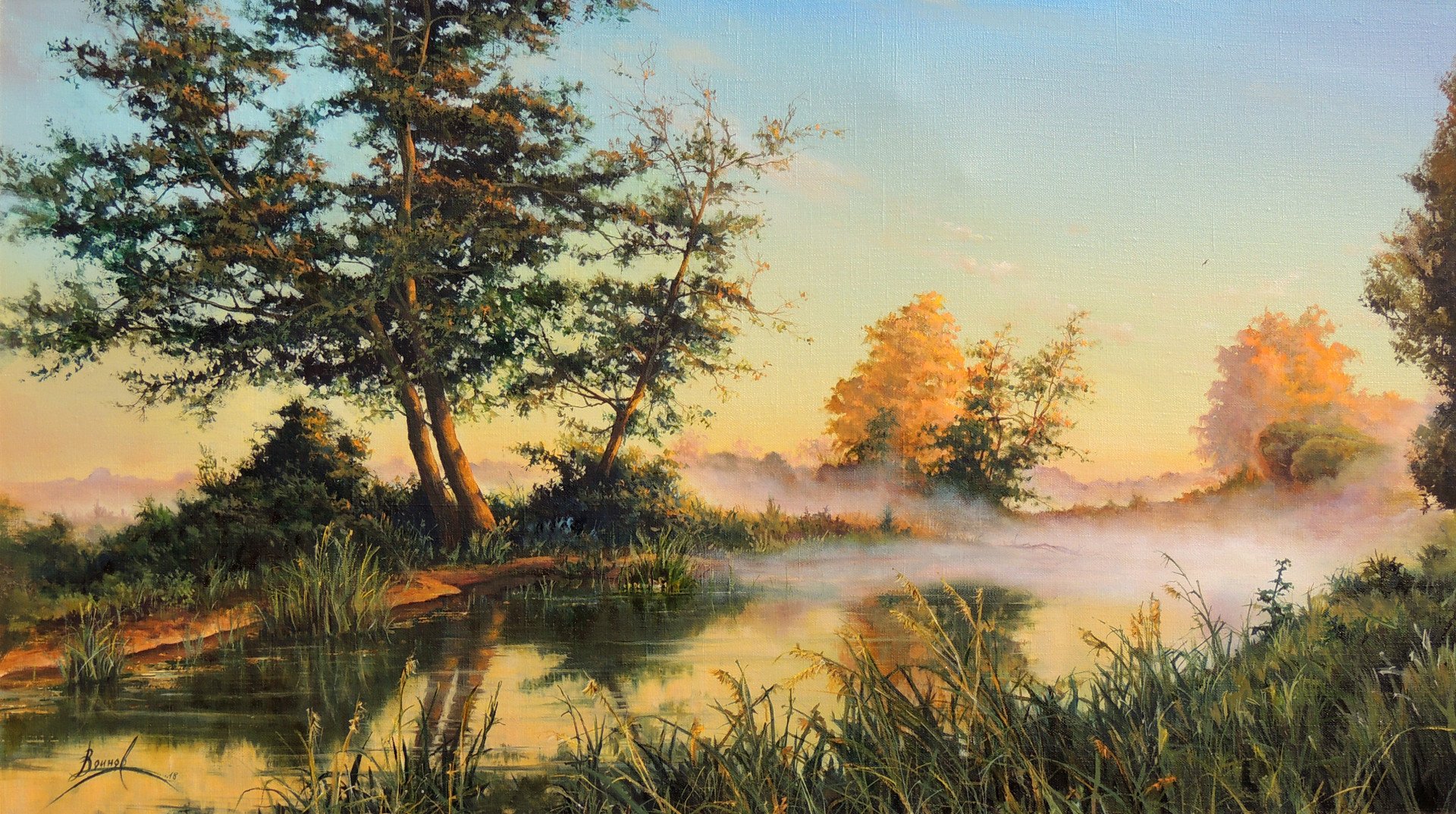 River in the fog Painting by Roman Voinov - Jose Art Gallery