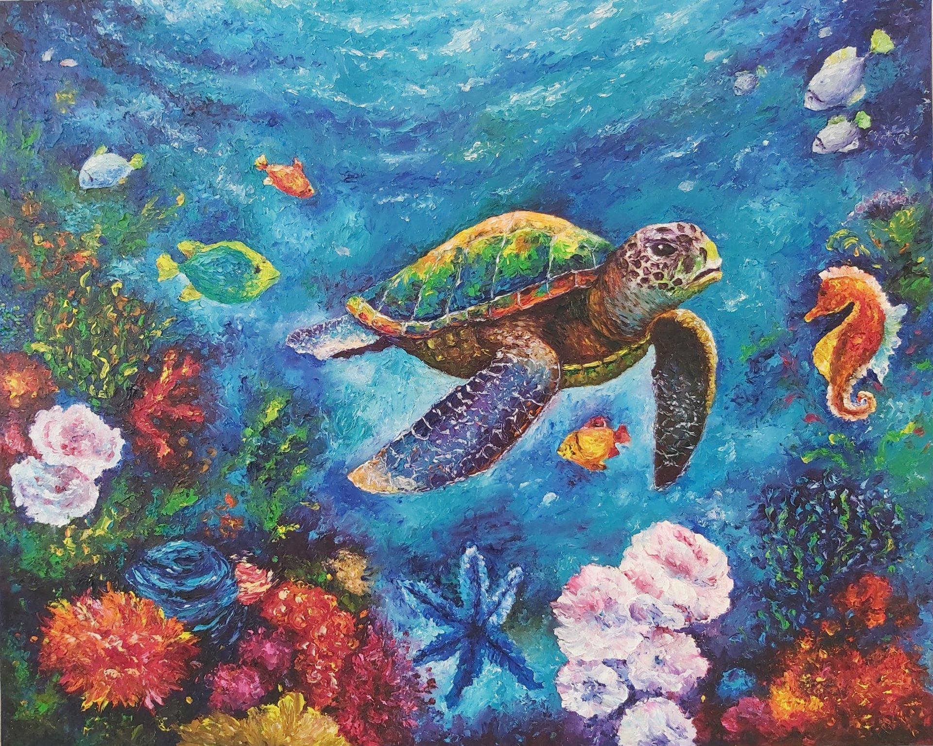 Underwater World: Colourful Sea Turtle Painting by Tatiana Krilova