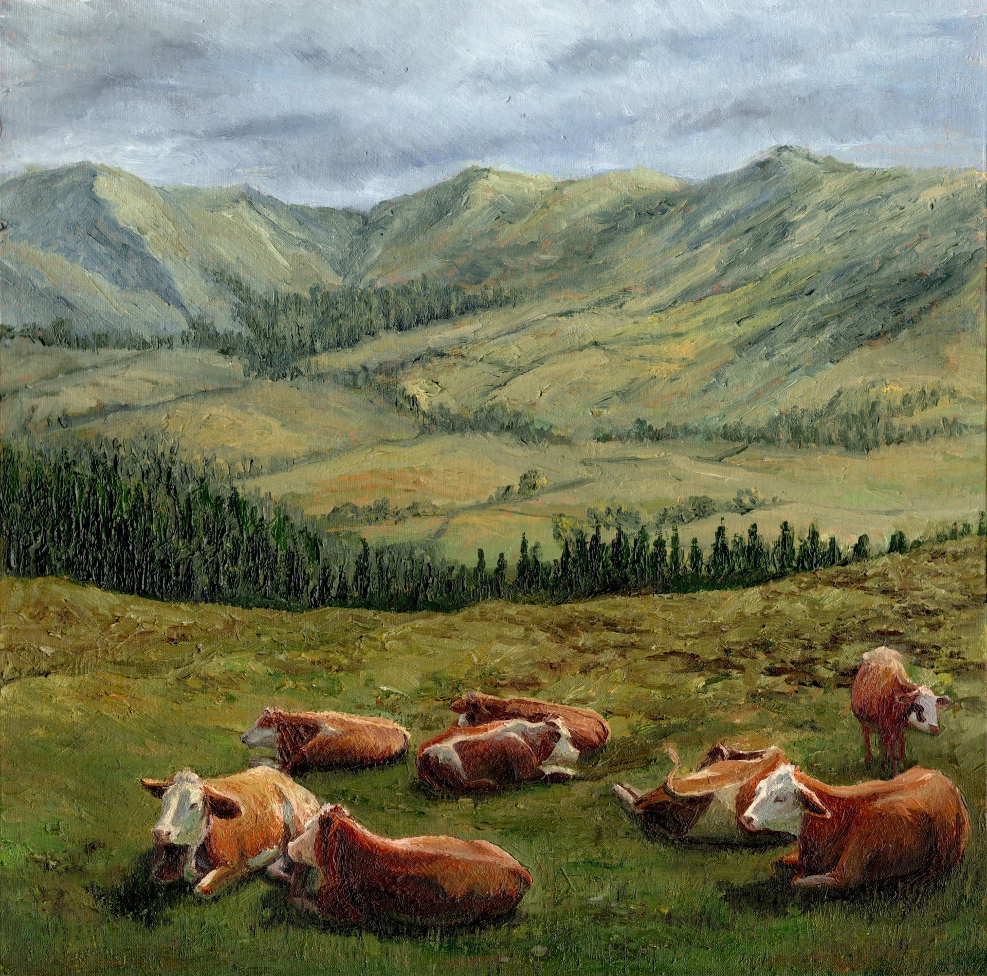 Cows resting in the mountains Painting by Tabimory