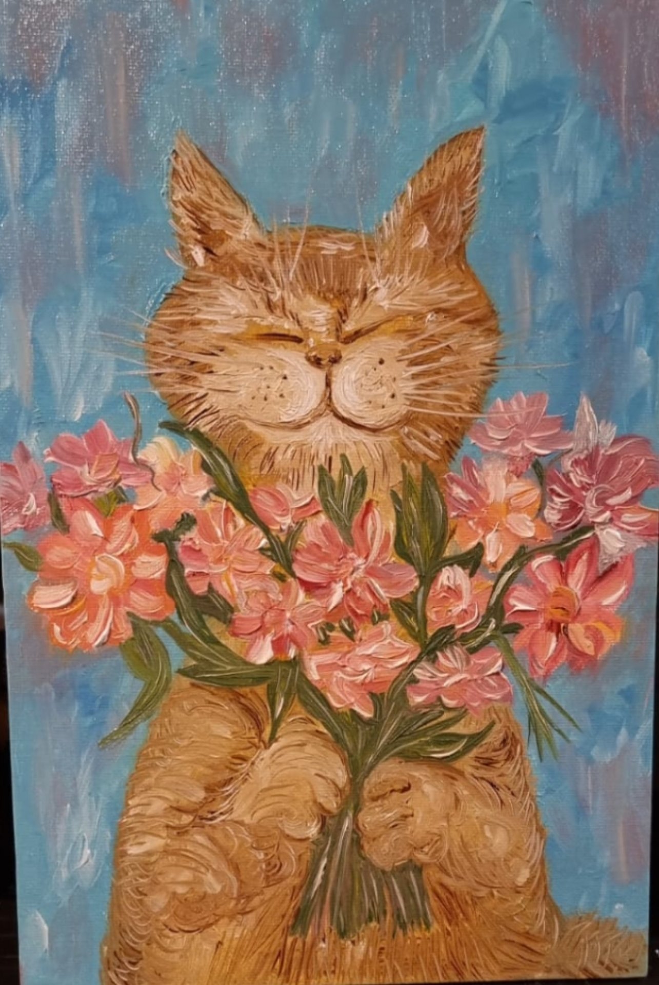 Gato con ramo: reuniones cálidas. Pintura de Tatyana Petrovskaya