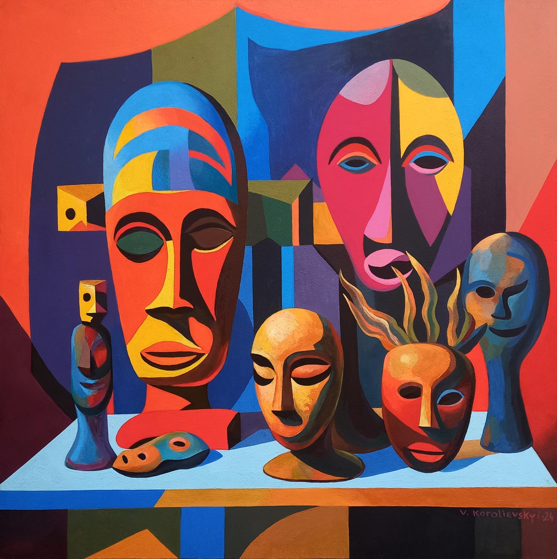 Still life with African masks Painting by Volodymyr Korolievskyi