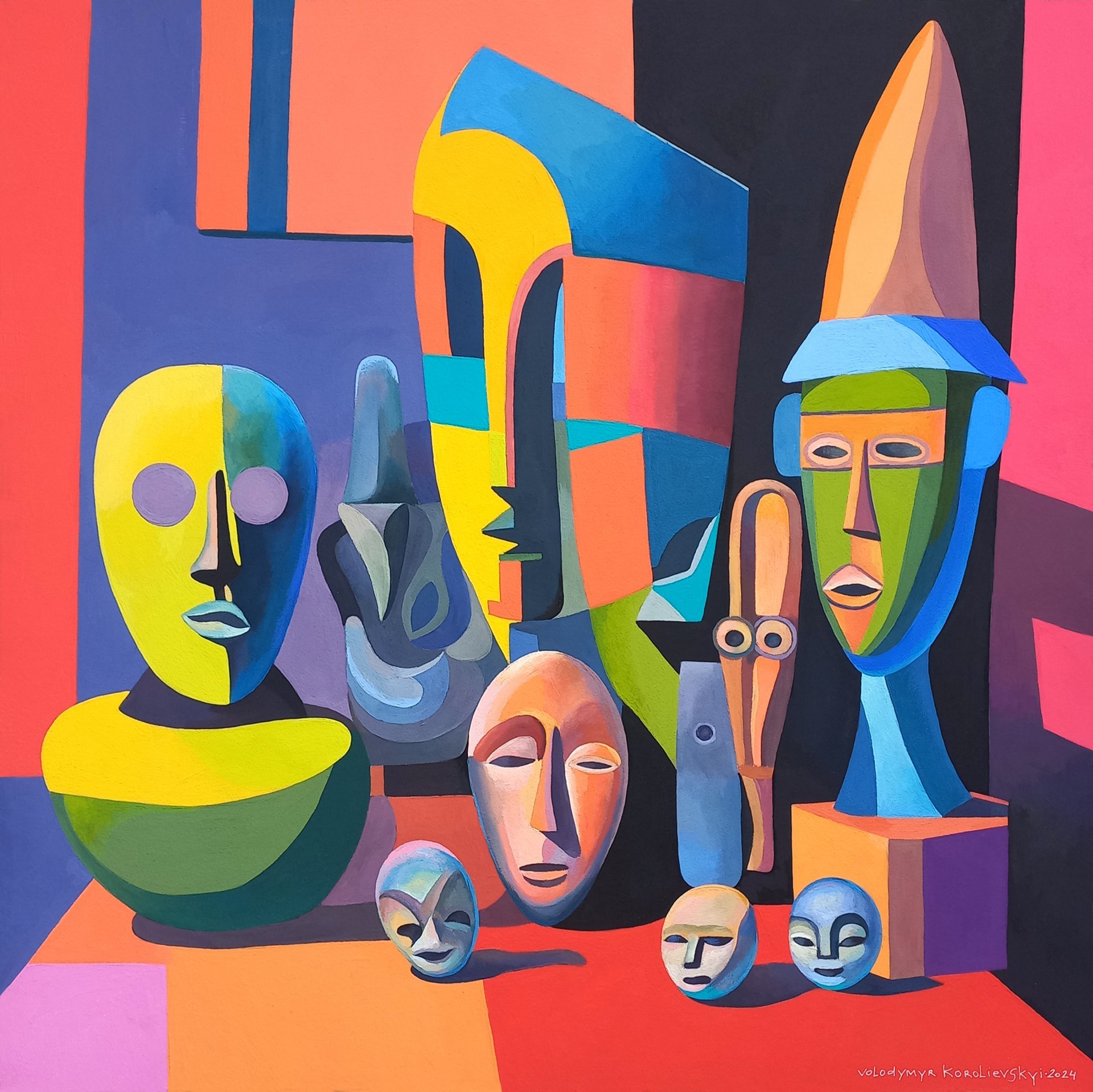 Still life with African masks Painting by Volodymyr Korolievskyi