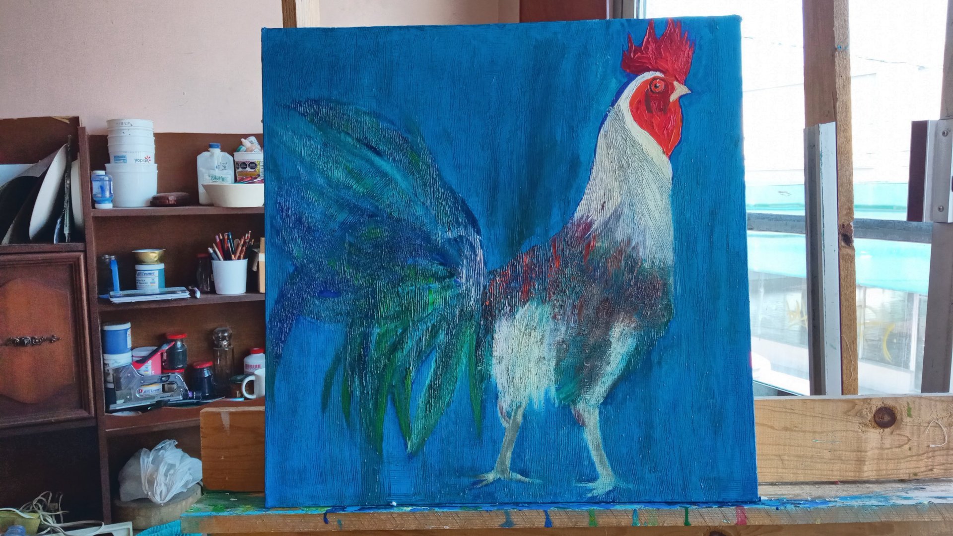 Blue rooster Painting by alberto texier - Jose Art Gallery