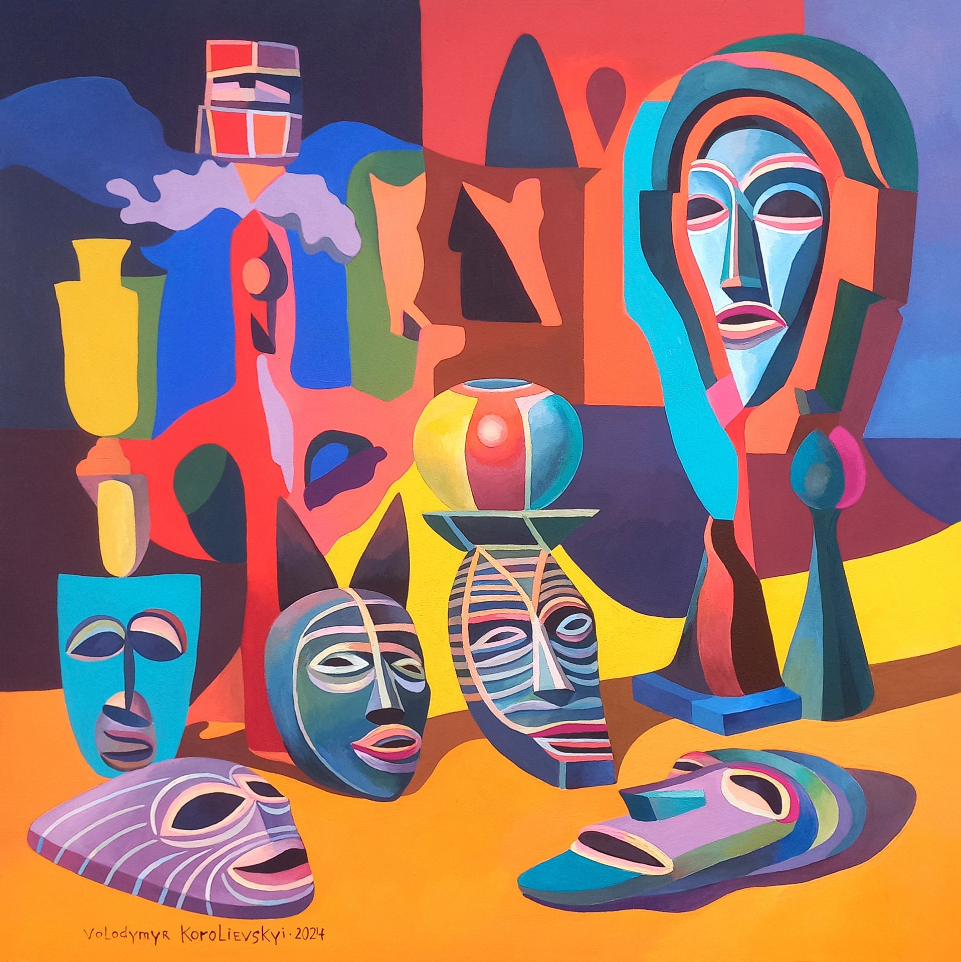 Still life with African masks Painting by Volodymyr Korolievskyi