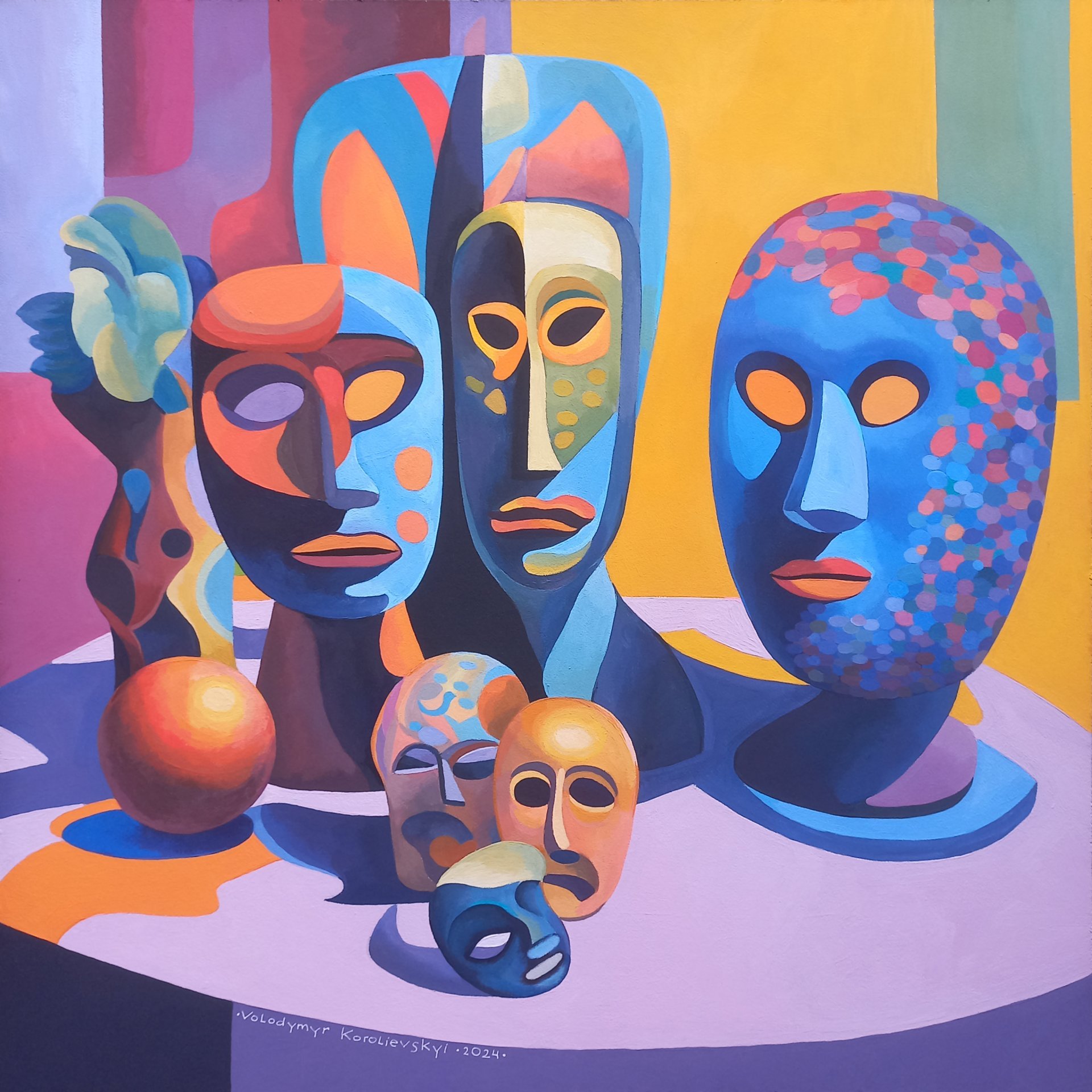 Still life with African masks Painting by Volodymyr Korolievskyi