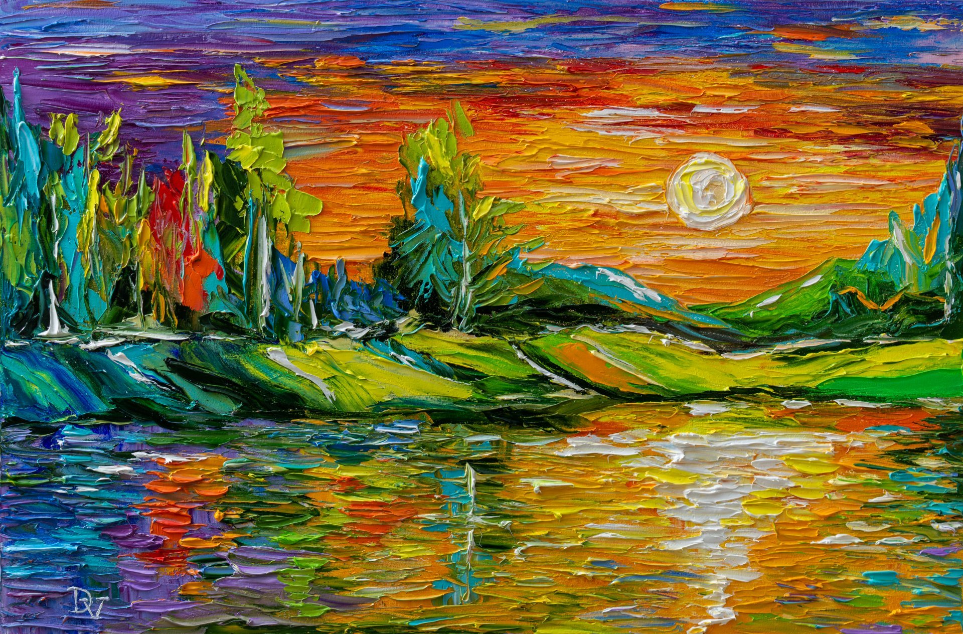 Sunset on a forest lake Painting by Vladyslav Durniev