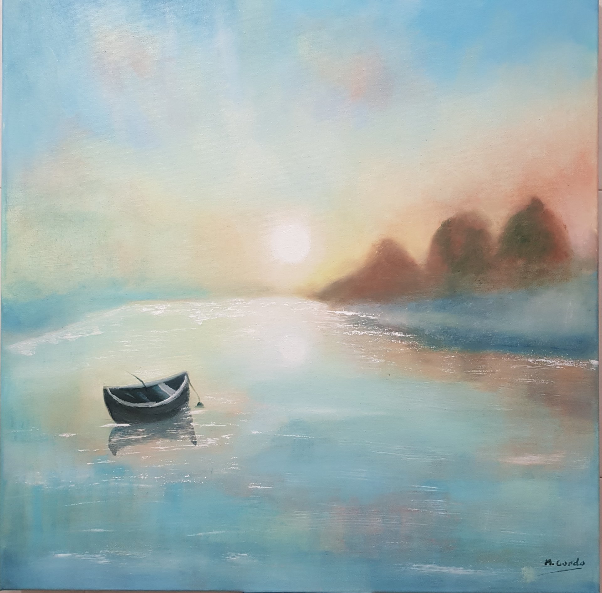 Solitude at dawn: Ocean reflections Painting by Mercedes Gordo