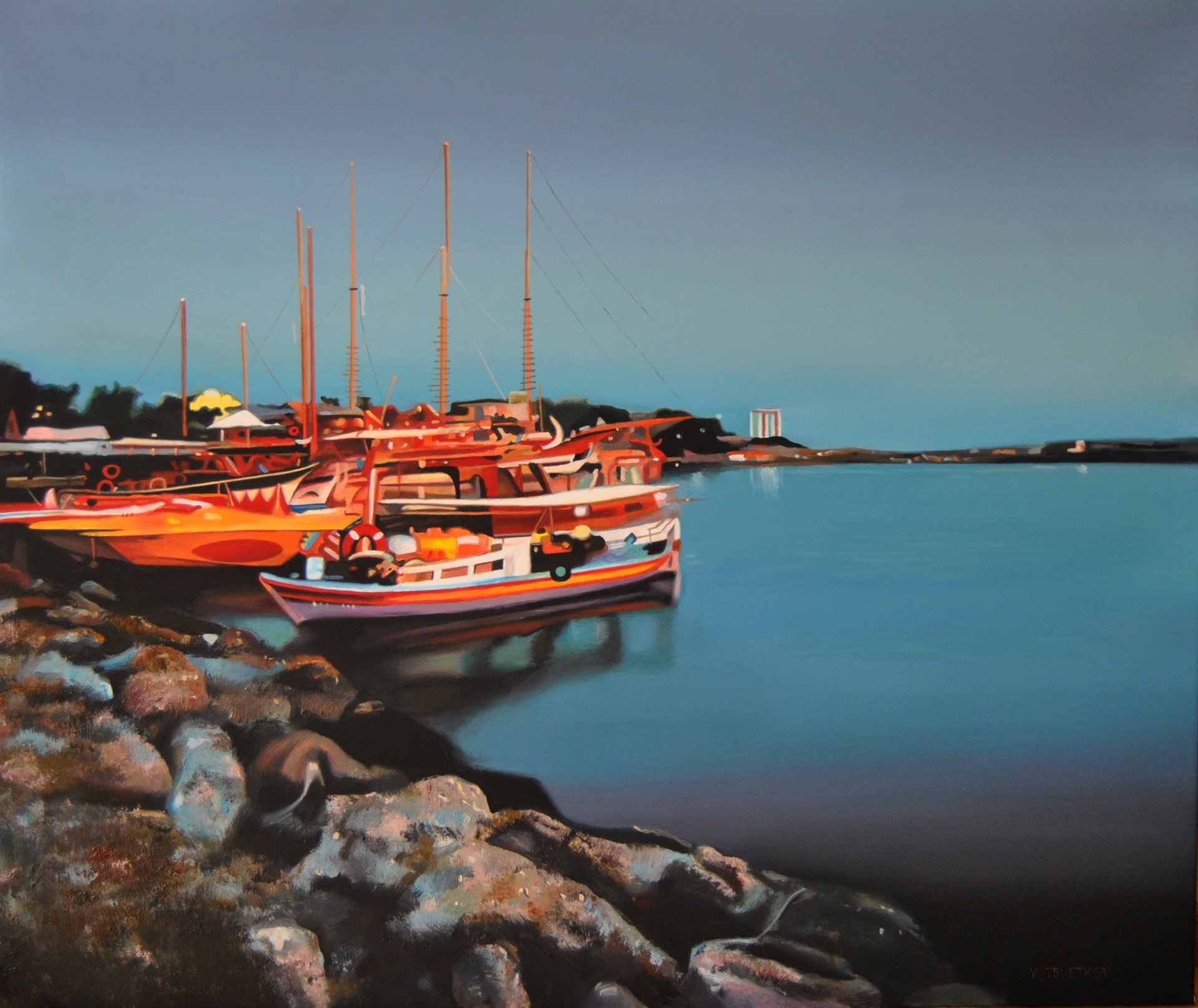 Evening Seascape with Lifeboat Painting by Valeri Tsvetkov