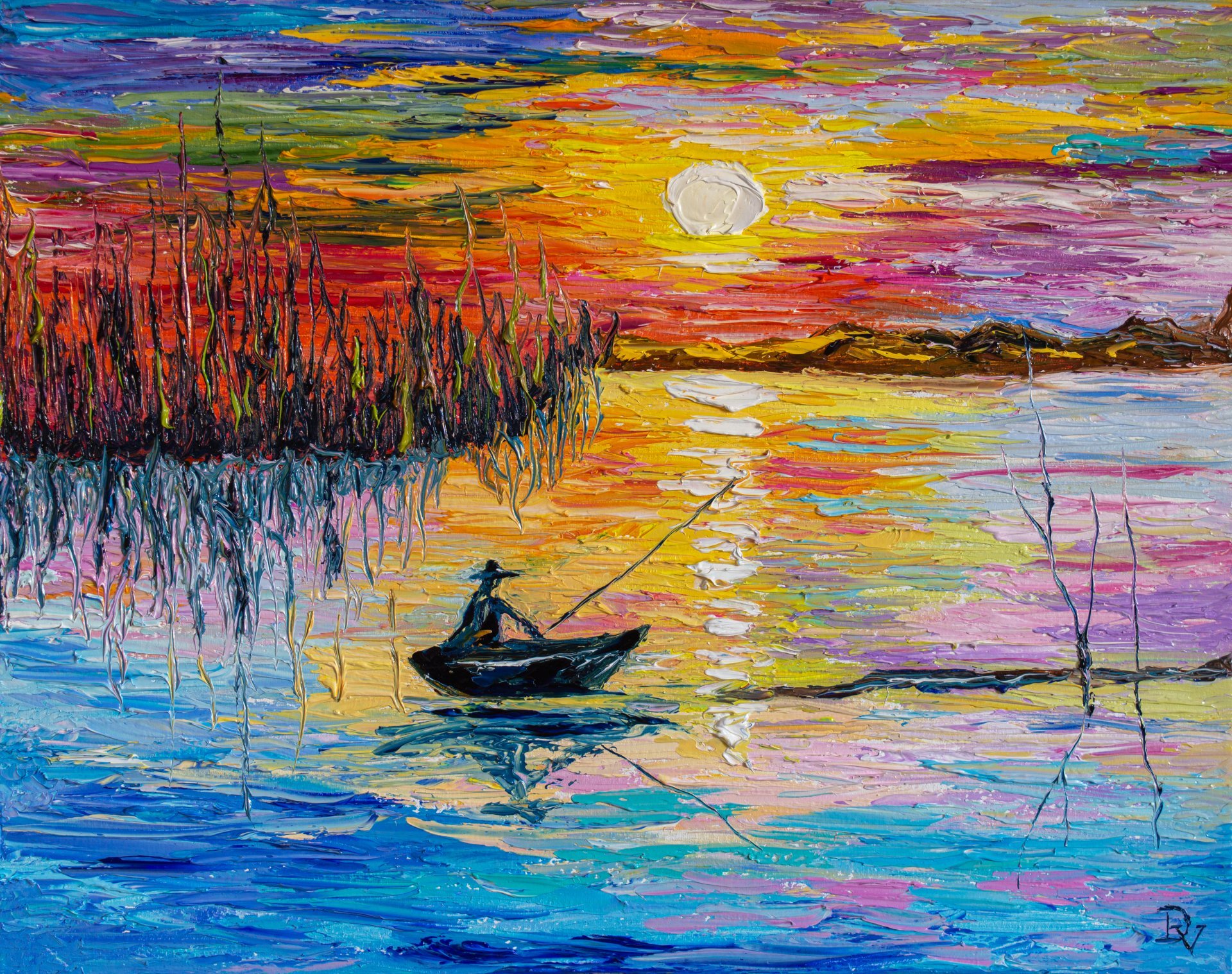 Fishing on sunset Painting by Vladyslav Durniev