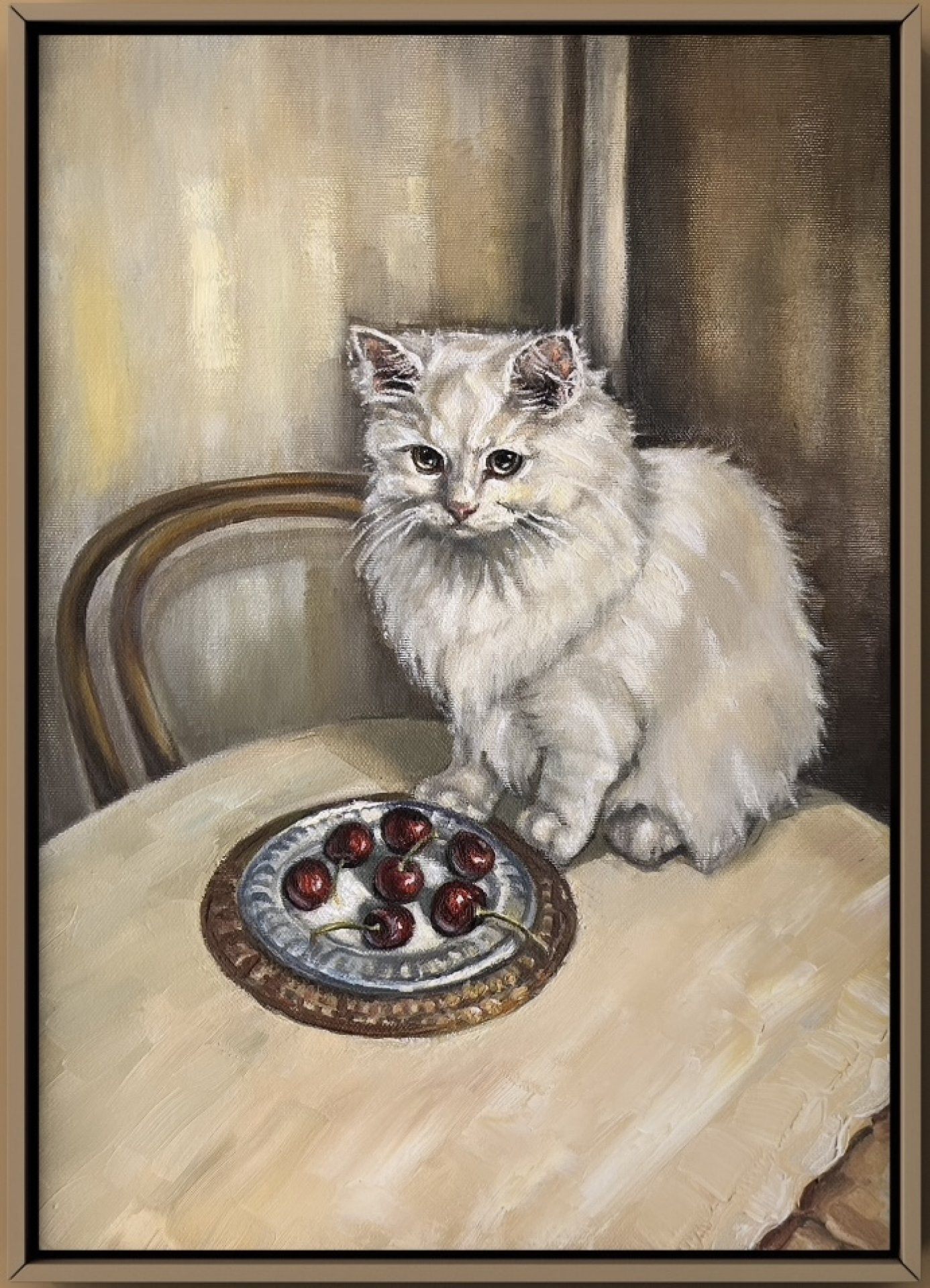 Kot and cherries Painting by Irina Gartenko