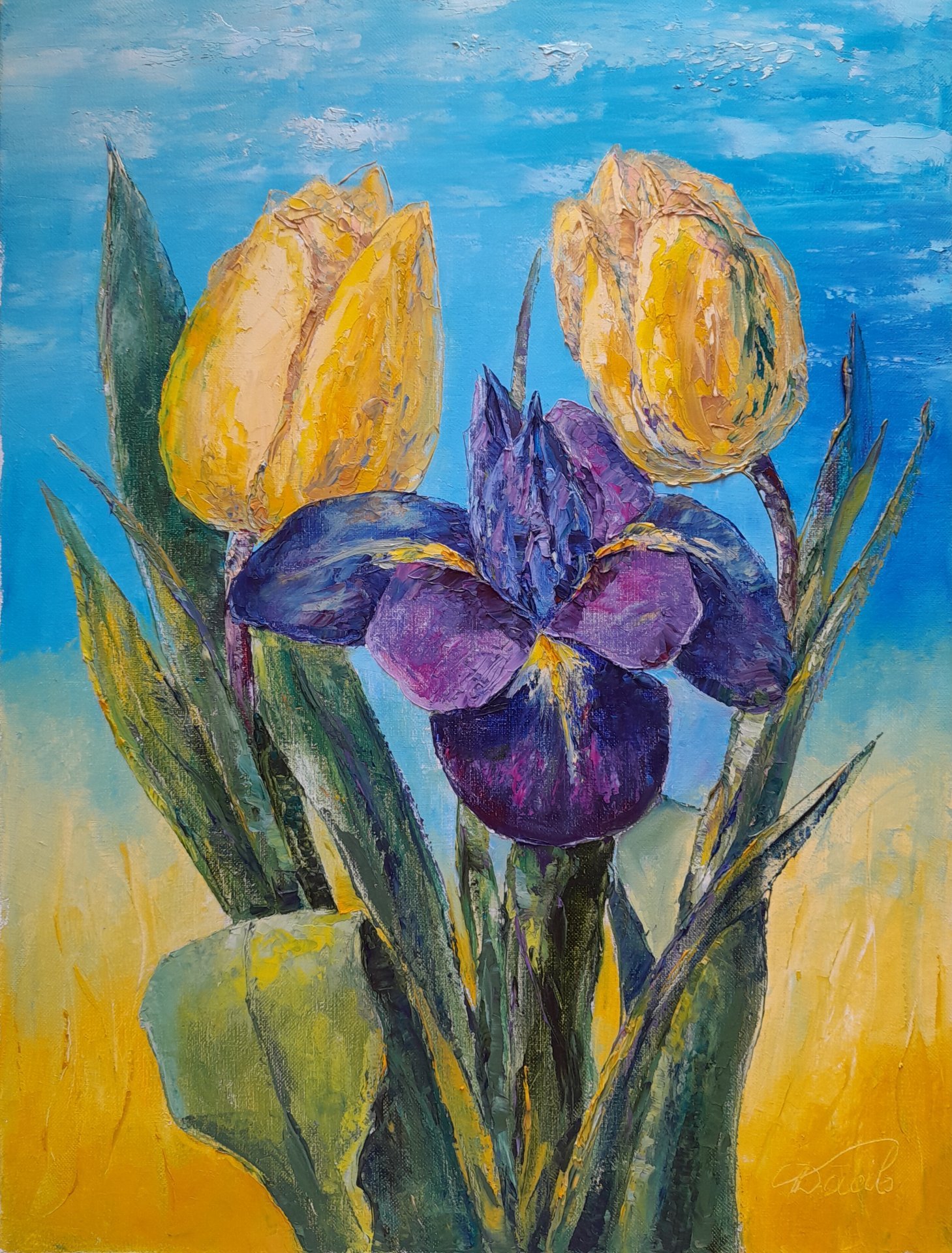 Sunny bouquet: irises and tulips Digital Art - Yaroslava Dasiv