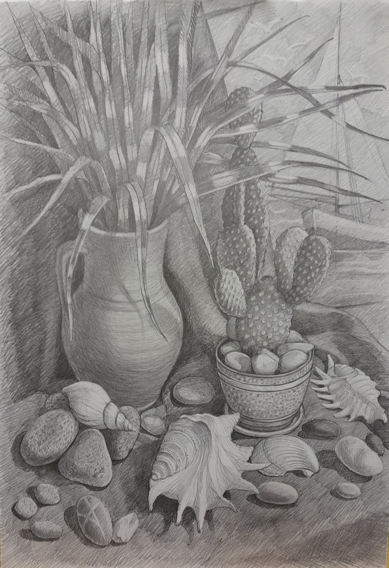 Sea Reflections: Pencil Graphics Drawing - Olena Bajenova
