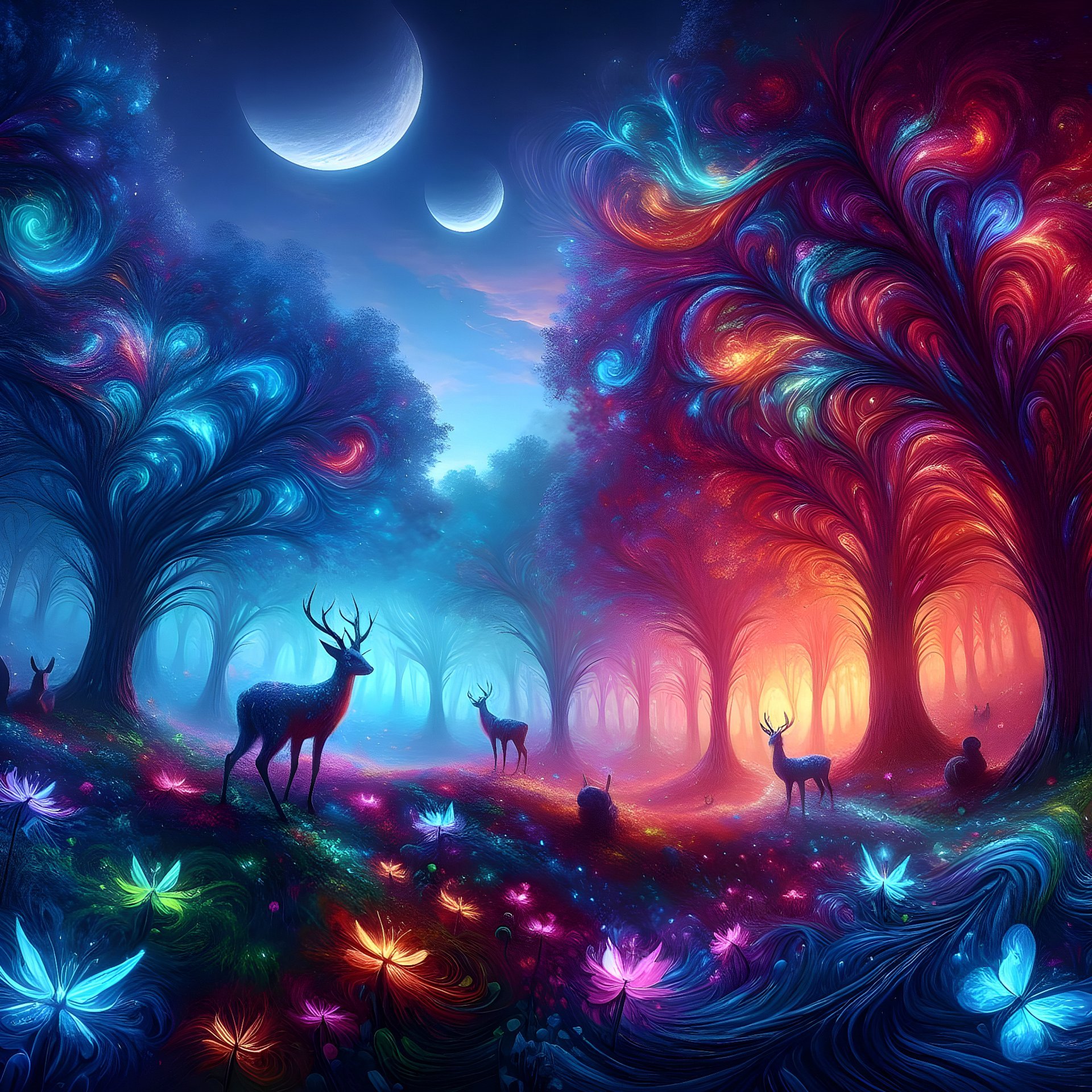 Colorful Trees Glowing Night Digital Art - Dilllip Creator