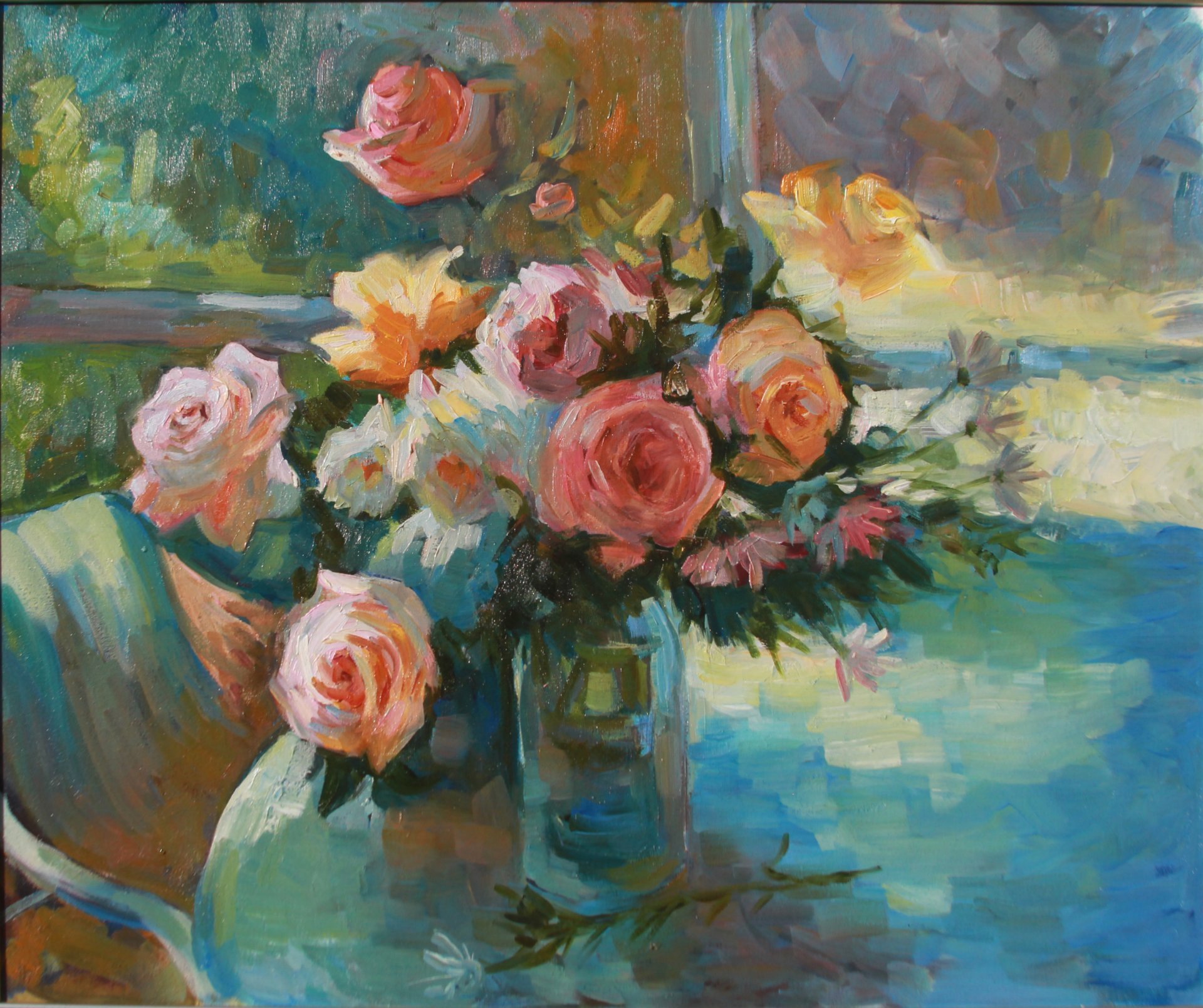 Roses by the window Painting by Oksana Potemkina