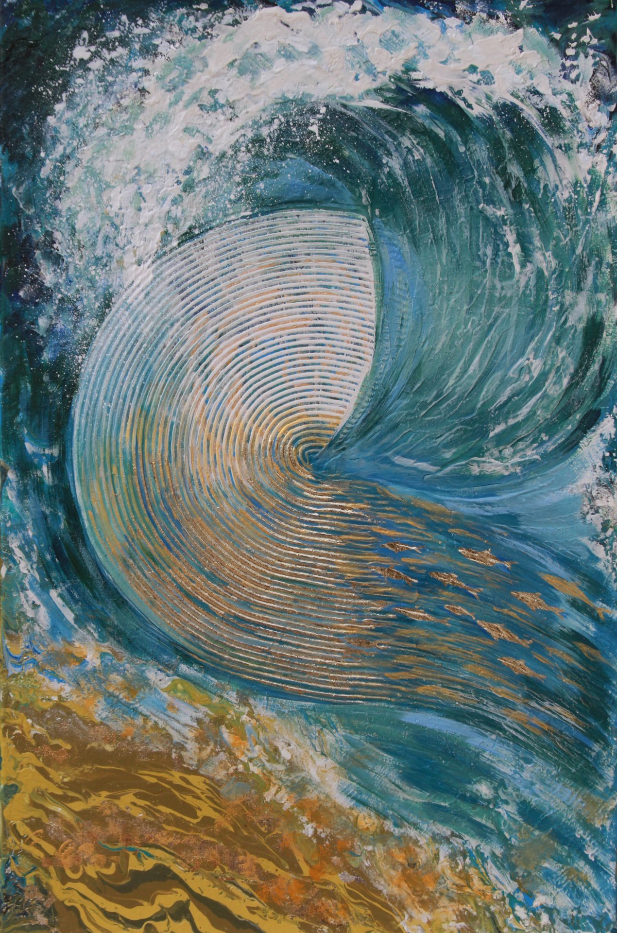 Wave and goldfish Painting by Oksana Potomkina