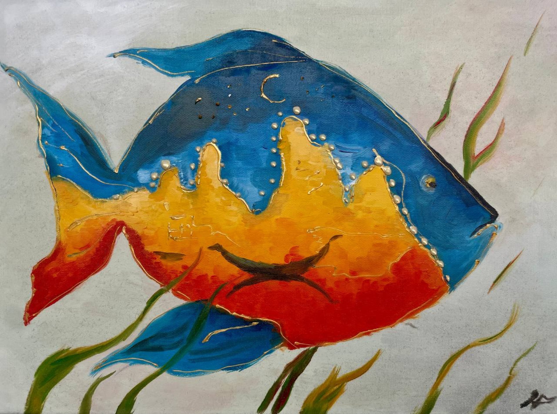 Fish and Boat at Sunset Painting by Nataliya Romanova