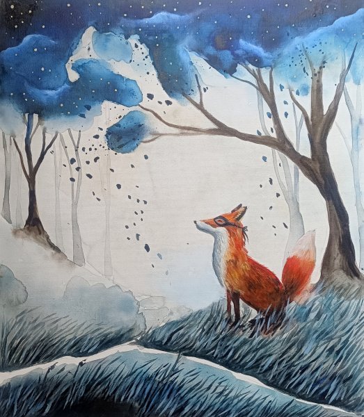 Fox In The Blue Forest Painting by Evgenia Smirnova