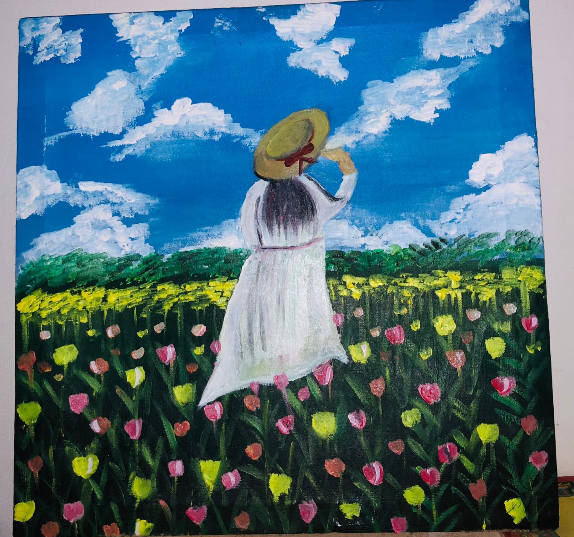 Lady in Tulip Field Serene Spring Painting by Artistic Blossom
