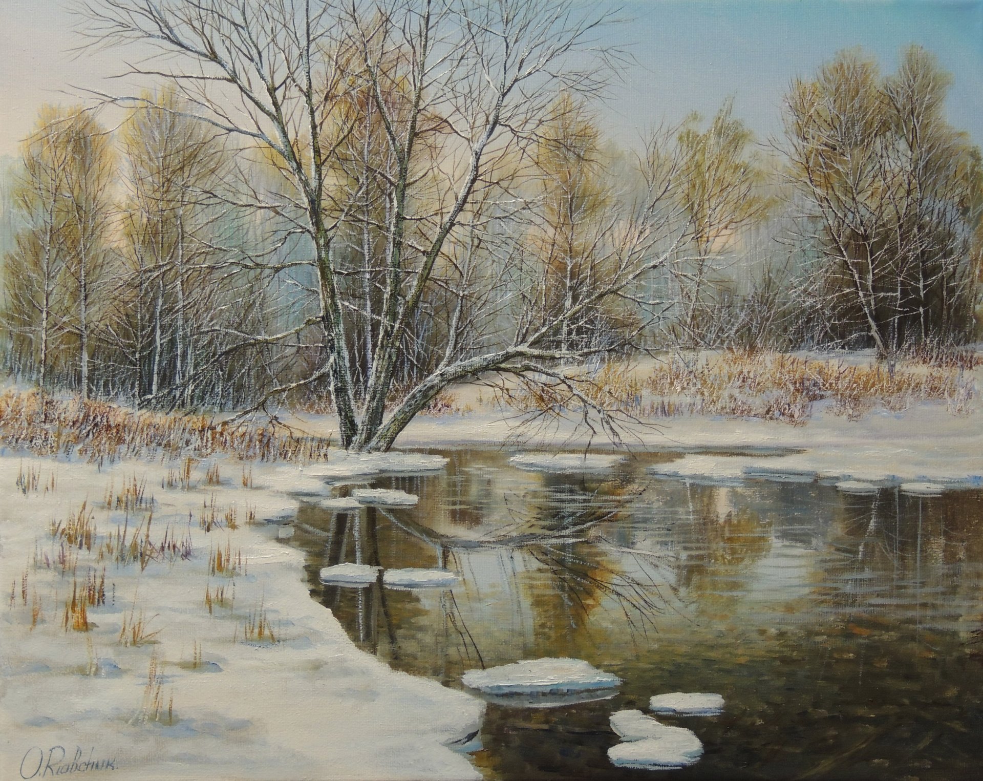 Floating Ice: Winter's Serenity Painting by Oleg Riabchuk