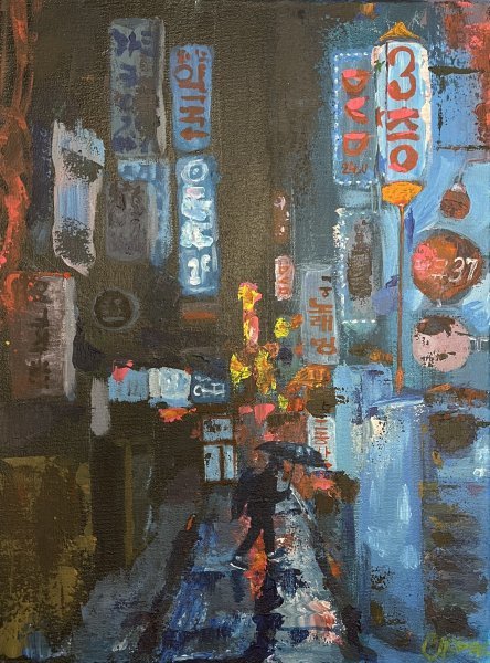 Asian city at night Painting by Maks Redkovych