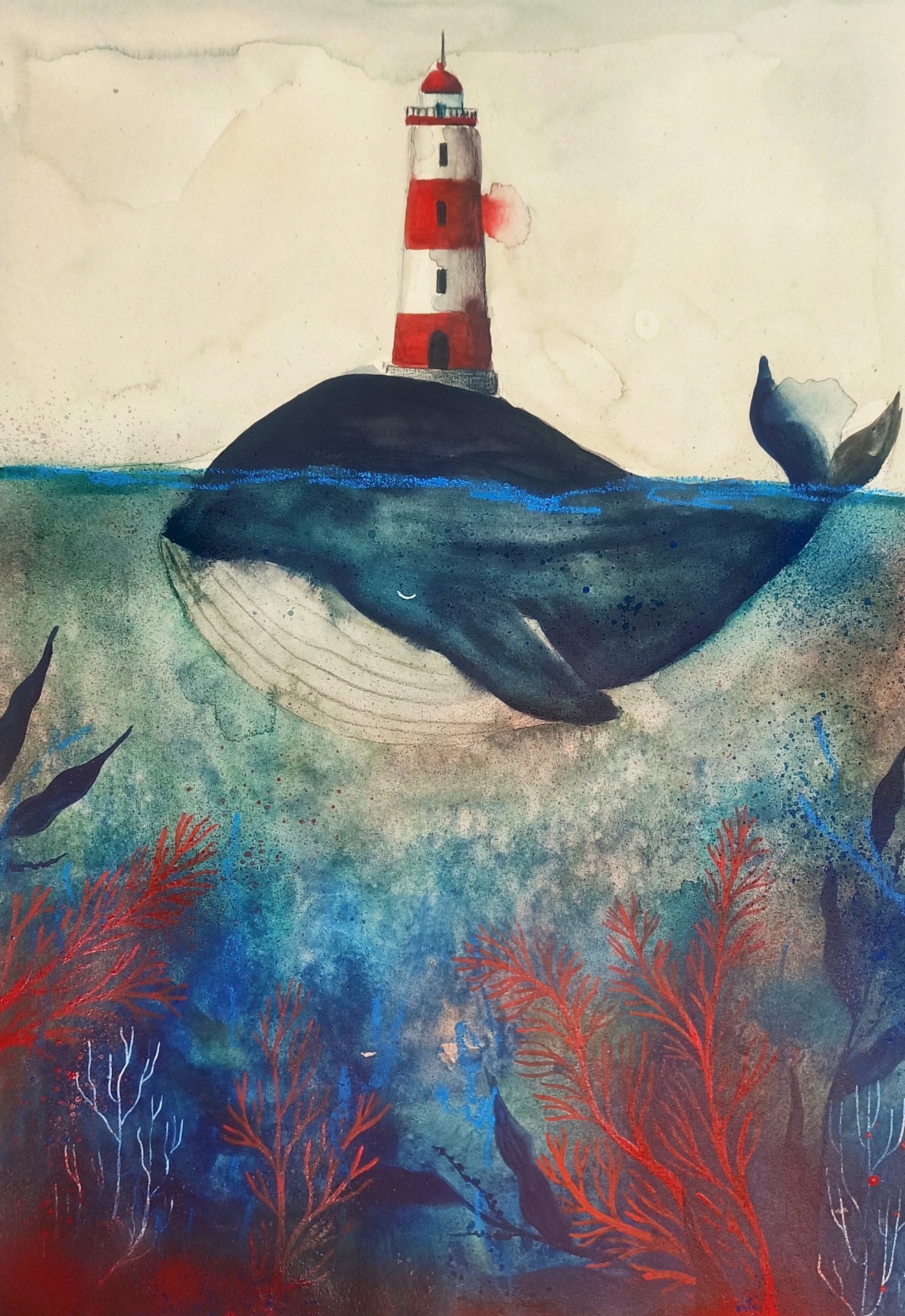 Whale & Lighthouse Painting by Evgenia Smirnova