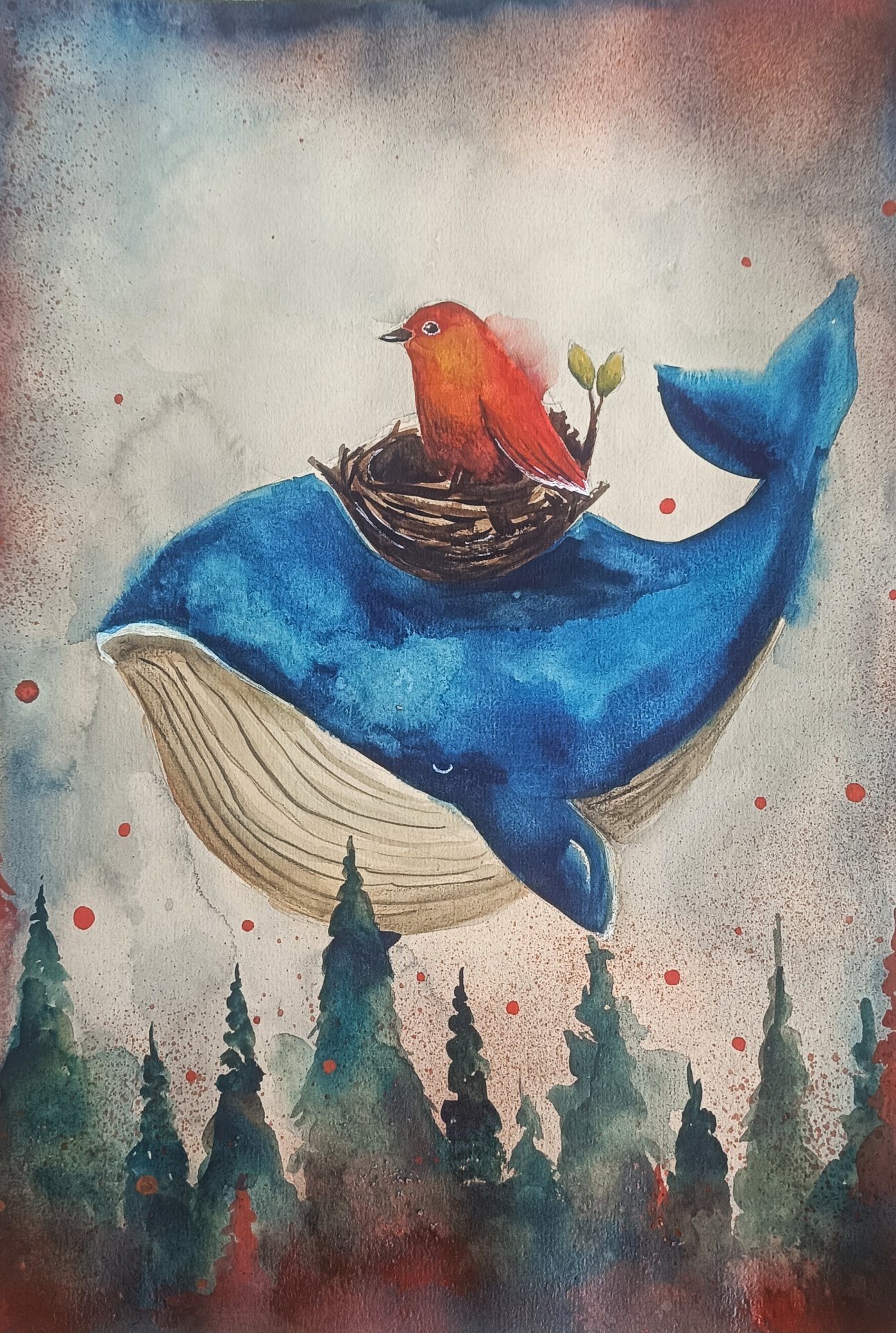 Whale & Red Bird Painting by Evgenia Smirnova