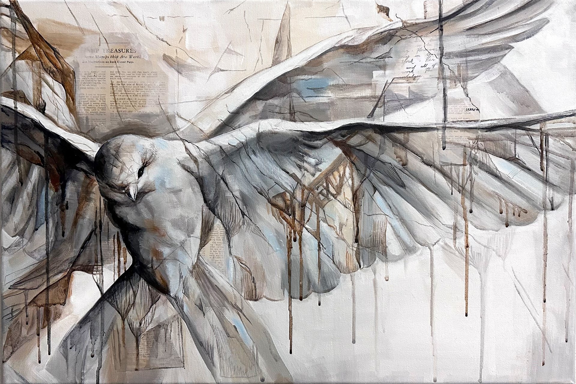 Beige Blue Bird Pigeon Collage Painting by Julia Shilo