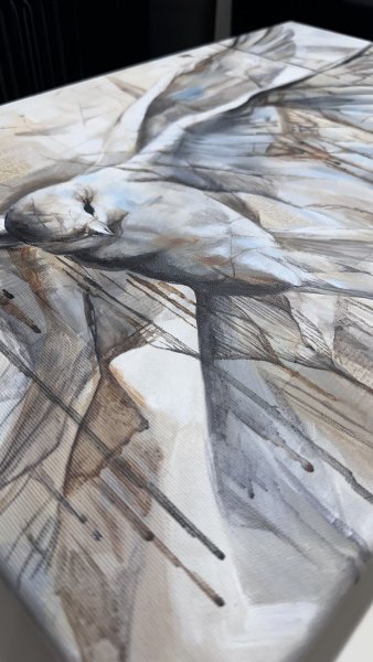 Beige Blue Bird Pigeon Collage Painting by Julia Shilo