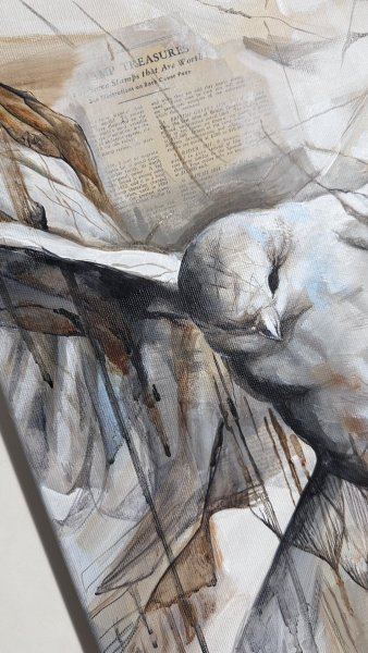 Beige Blue Bird Pigeon Collage Painting by Julia Shilo