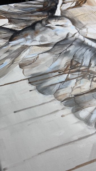 Beige Blue Bird Pigeon Collage Painting by Julia Shilo