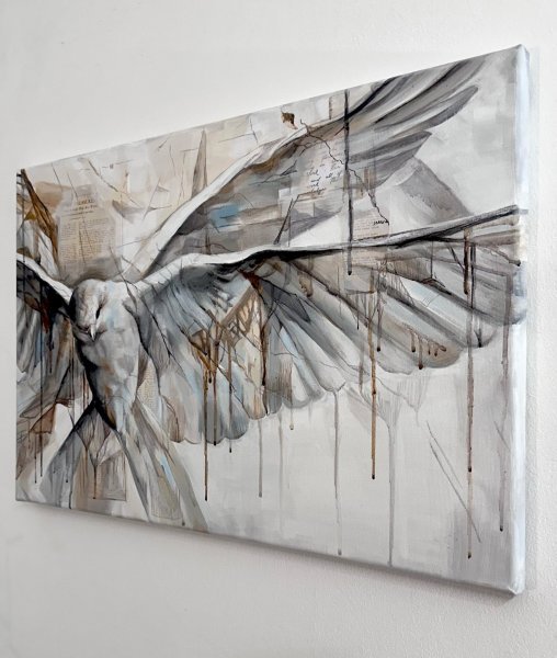 Beige Blue Bird Pigeon Collage Painting by Julia Shilo